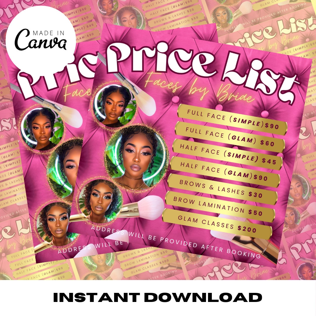 Makeup Price List Flyer, MUA Price List, MUA, Canva Template, DIY ...
