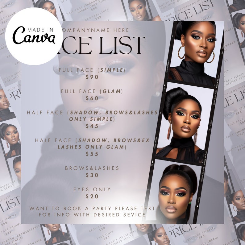 Makeup Price List, MUA Price List, MUA, Canva Template, DIY Template ...