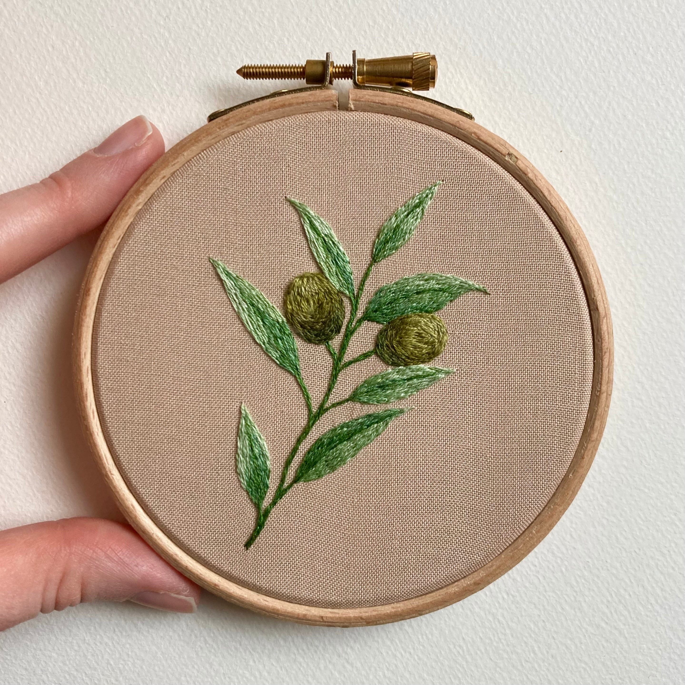 Olive Branch - 4 Inch Hand Embroidery Thread Painting Green Foliage ...