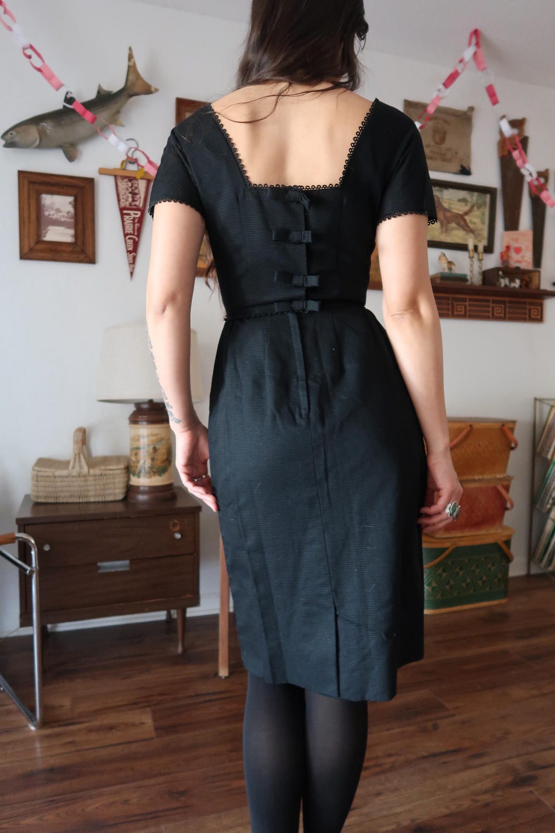 Vintage 60's Maggi Stover Black Fitted Bow Back Detail Mid Length Dress ...
