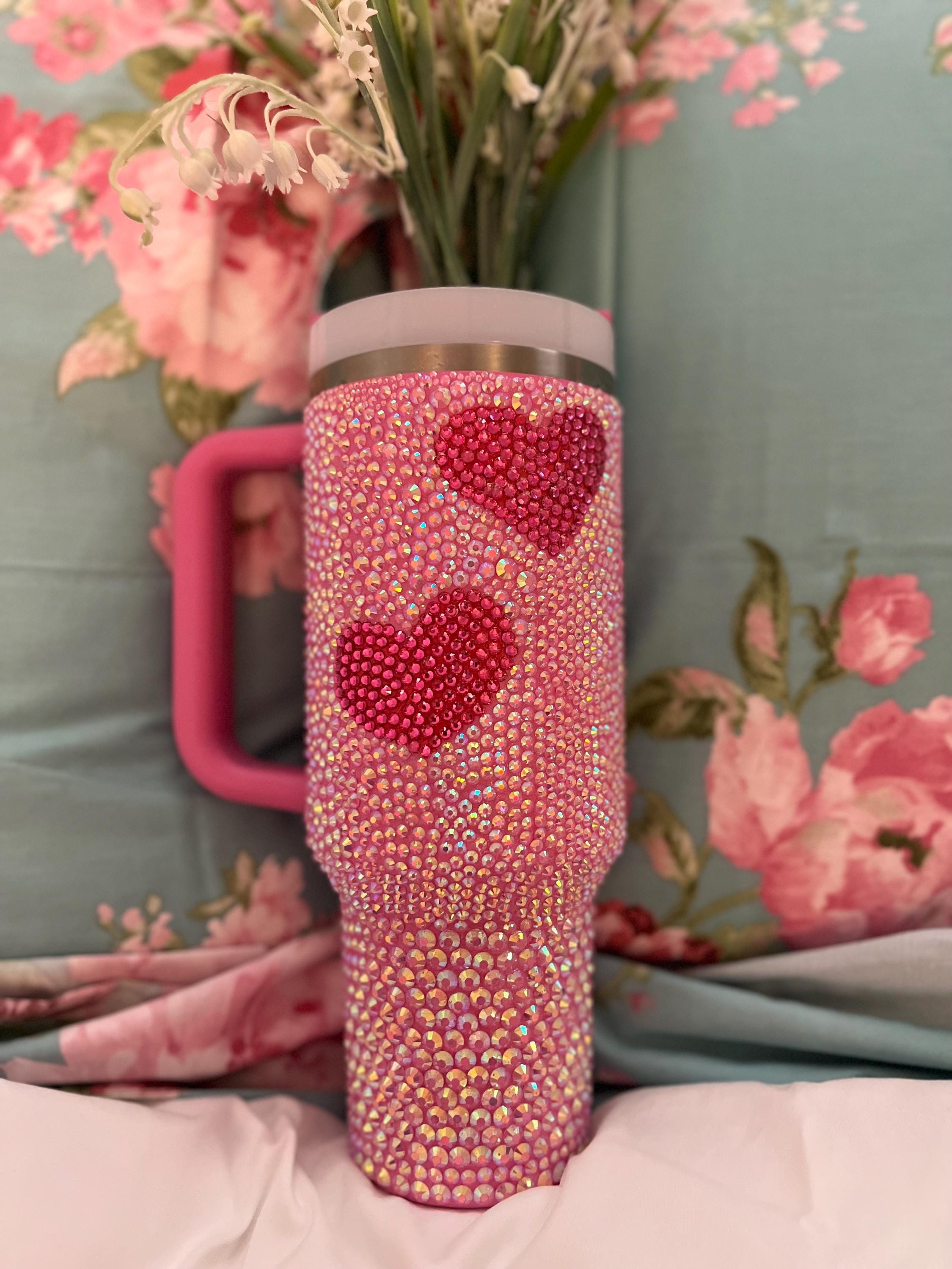 Hand Bedazzled Pink Stanley Cup With Hearts - Etsy