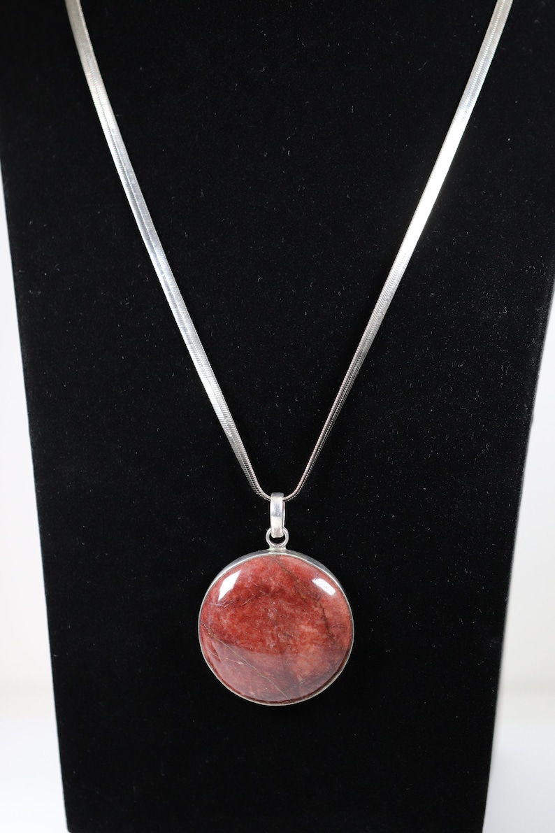 Large Round Red Stone Necklace Pendant Vintage Sterling - Etsy
