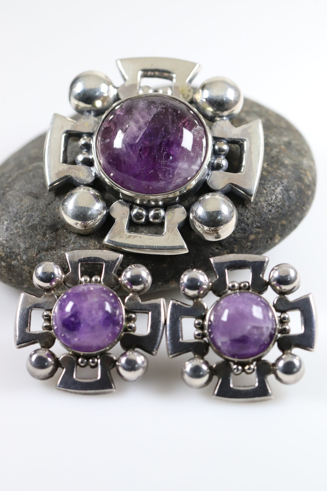 Fred Davis Large Amethyst Brooch and Earring Set | Vintage Sterling ...
