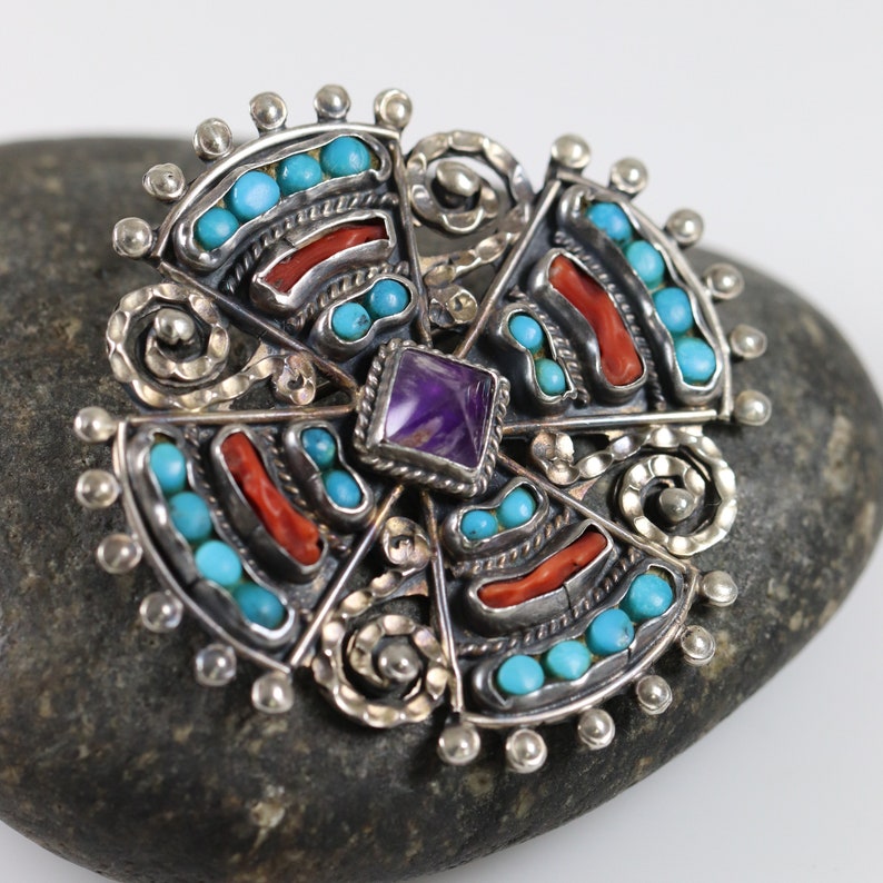 Vintage MATL Sterling Silver Cross Brooch: Amethyst, Coral, Turquoise ...