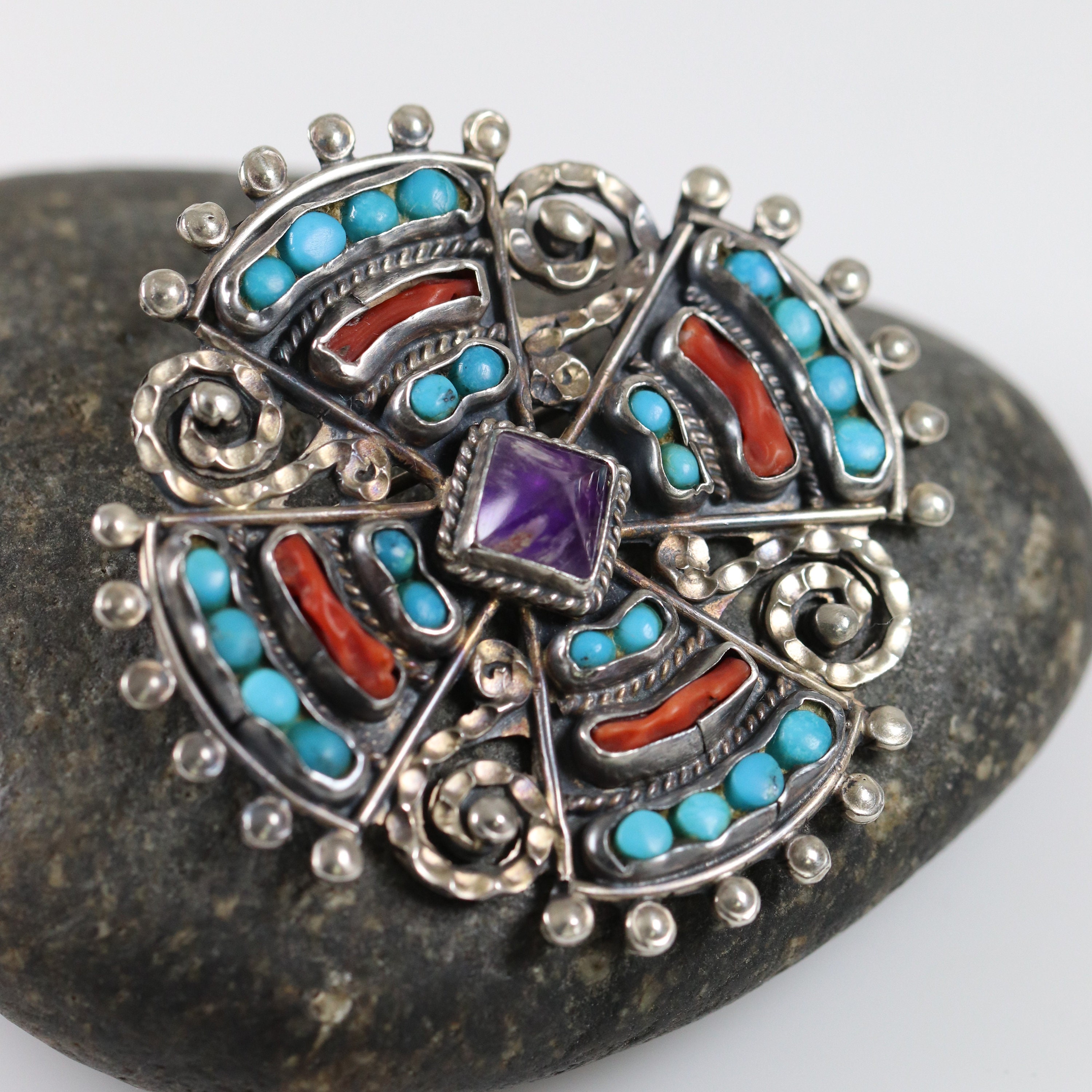 Vintage MATL Sterling Silver Cross Brooch: Amethyst, Coral, Turquoise ...