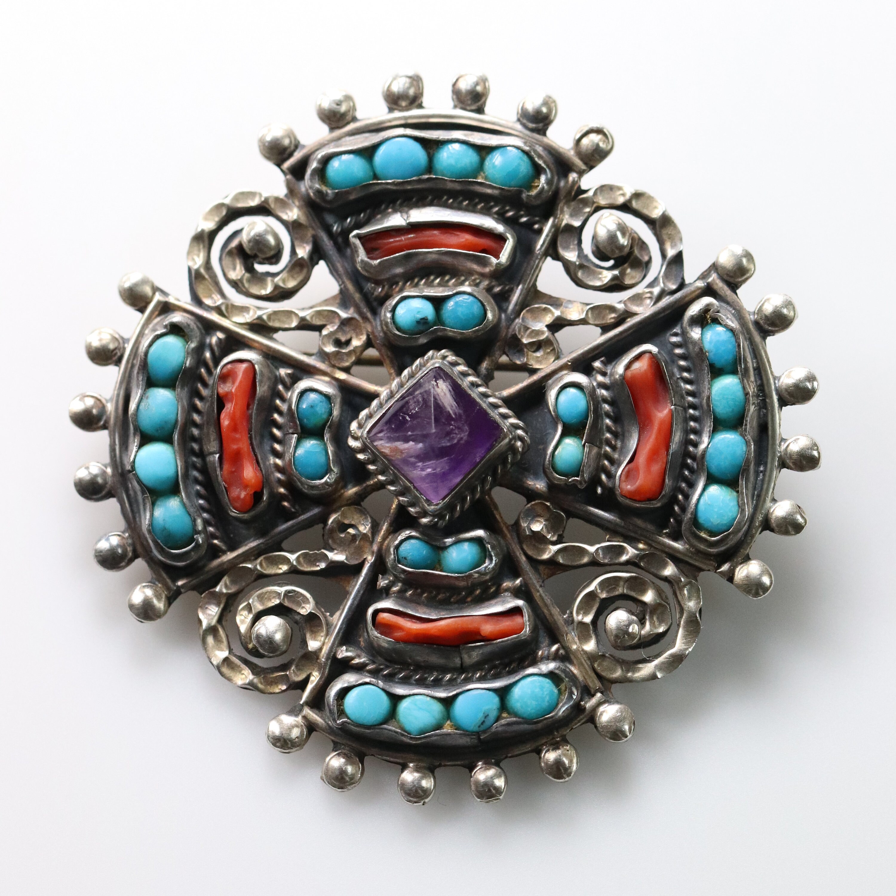 Vintage MATL Sterling Silver Cross Brooch: Amethyst, Coral, Turquoise ...