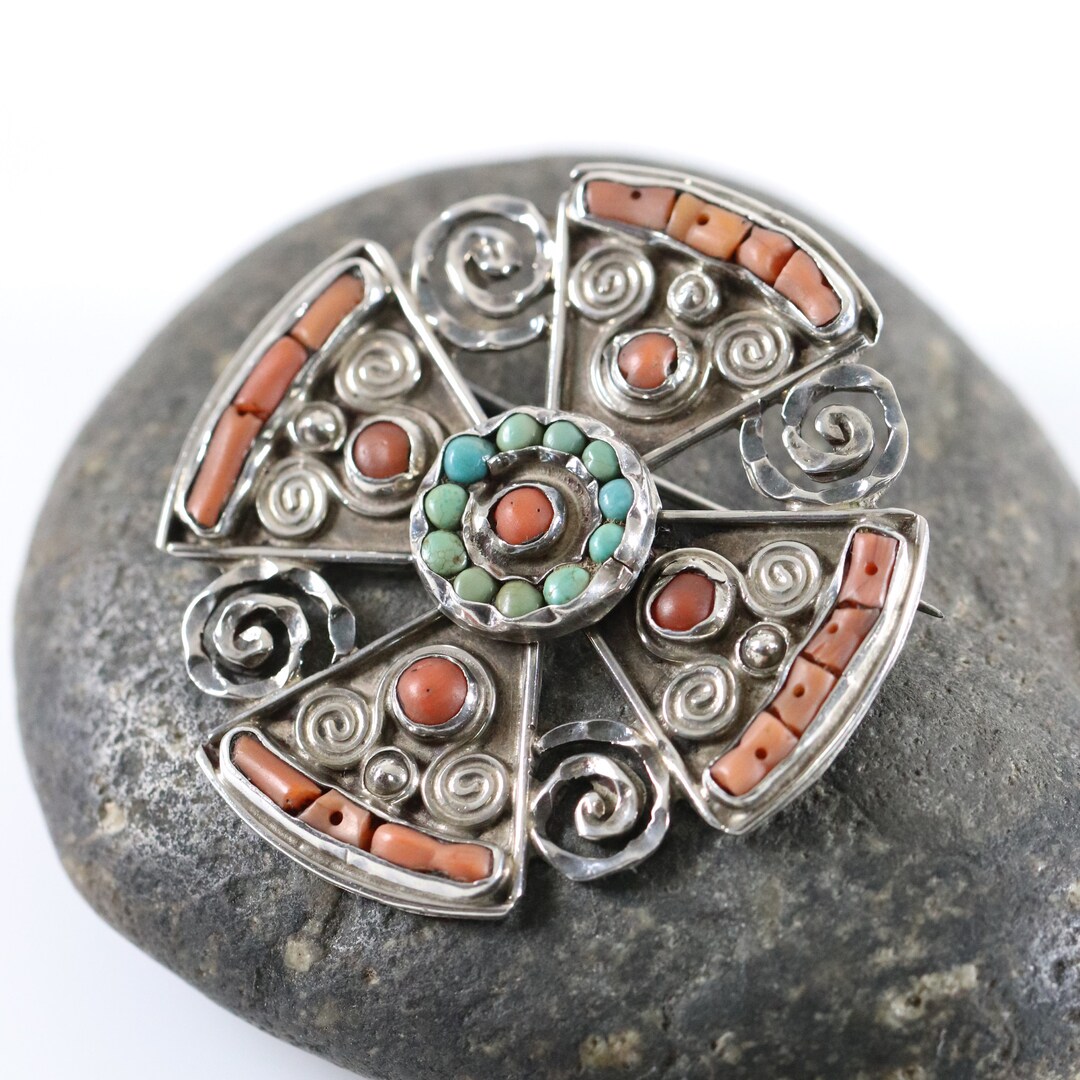 MATL Vintage Sterling Silver Cross Brooch: Coral & Turquoise, Mid ...