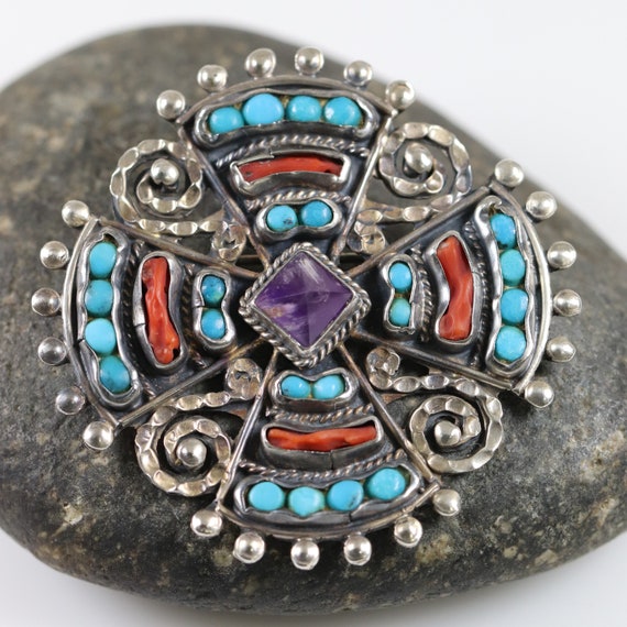 MATL Multi-Gem Cross Brooch | Vintage Sterling Silver… - Gem