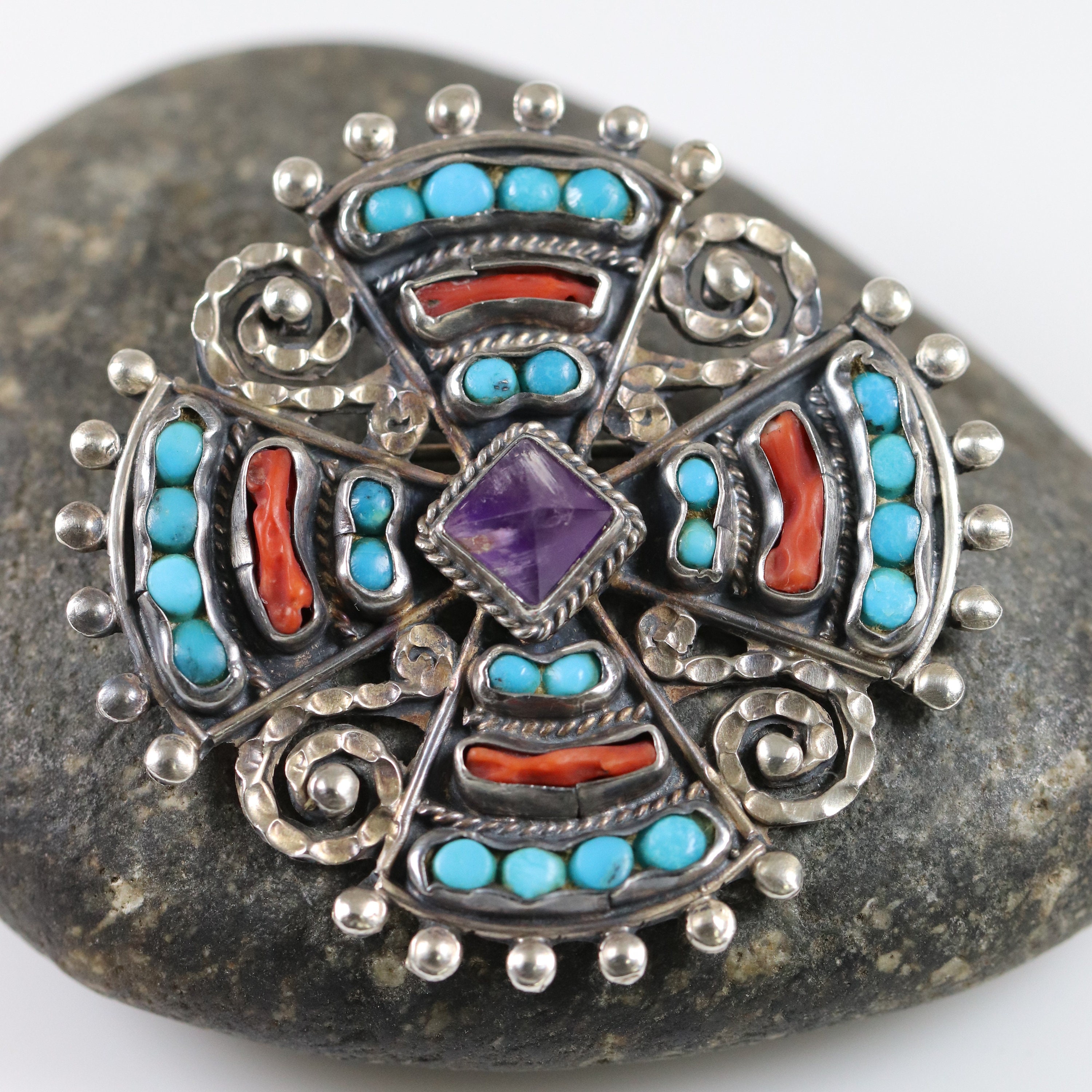 Vintage MATL Sterling Silver Cross Brooch: Amethyst, Coral, Turquoise ...