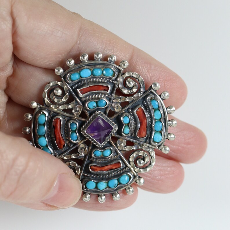 Vintage MATL Sterling Silver Cross Brooch: Amethyst, Coral, Turquoise ...