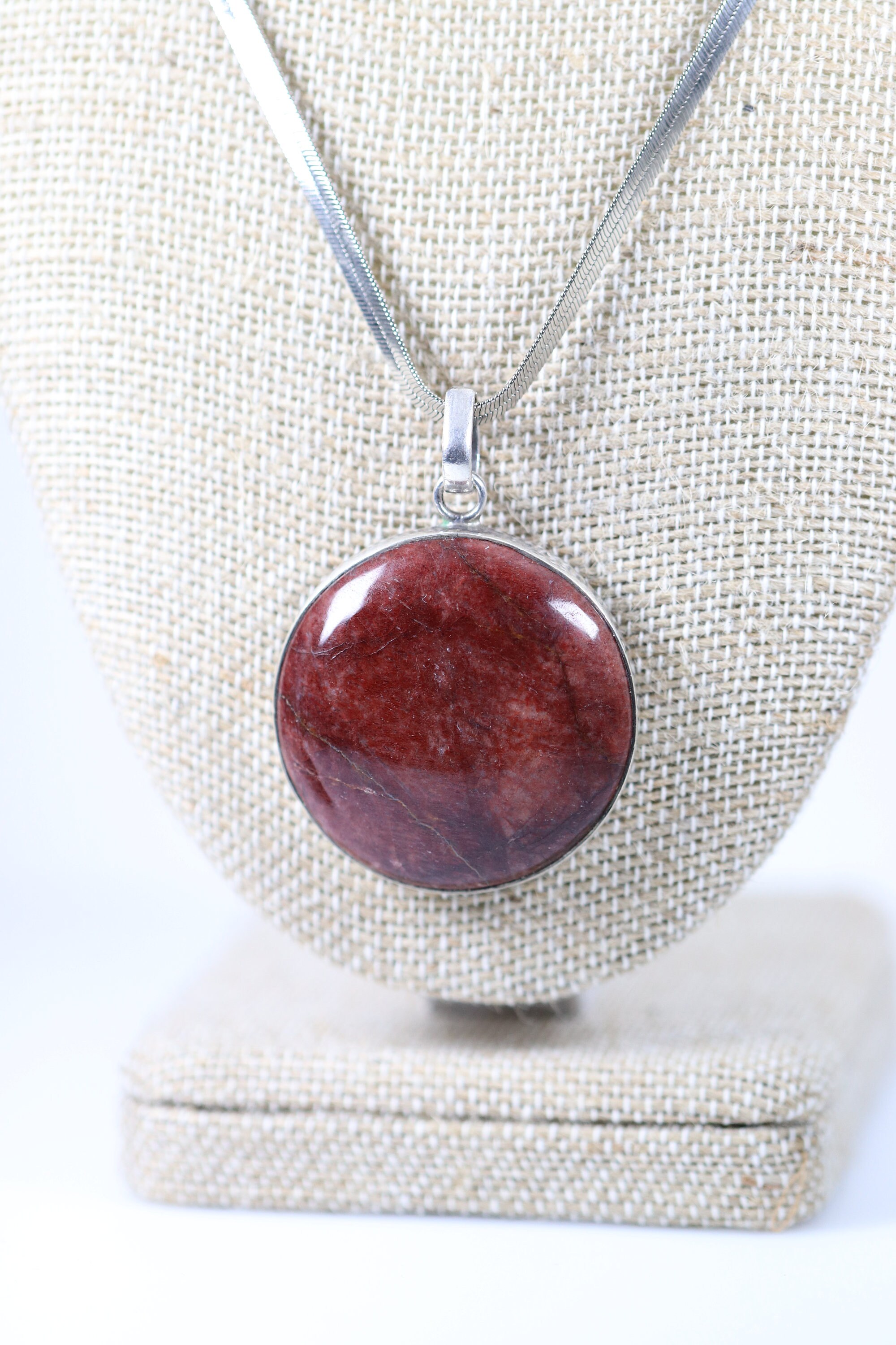 Large Round Red Stone Necklace Pendant Vintage Sterling | Etsy