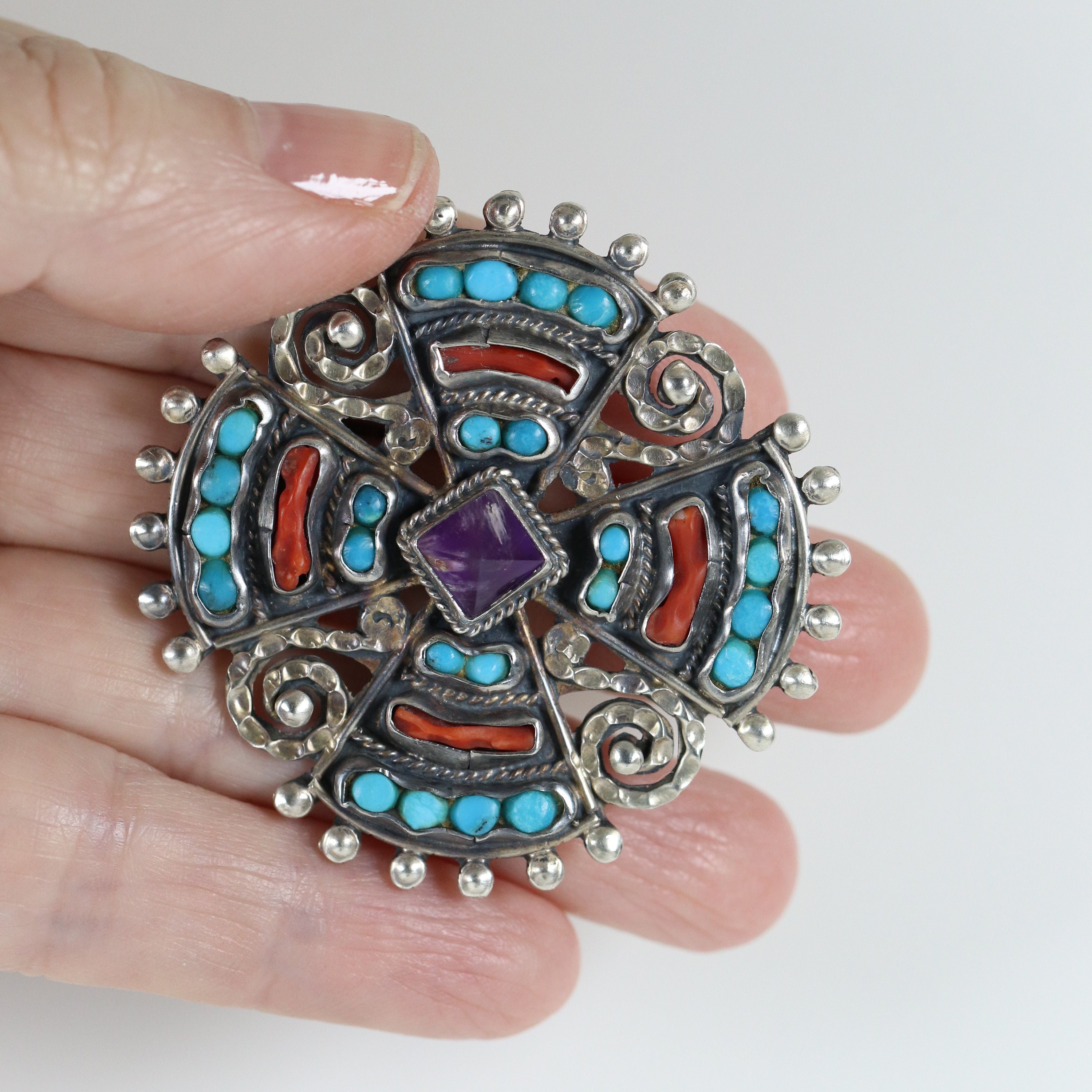 Vintage MATL Sterling Silver Cross Brooch: Amethyst, Coral, Turquoise ...