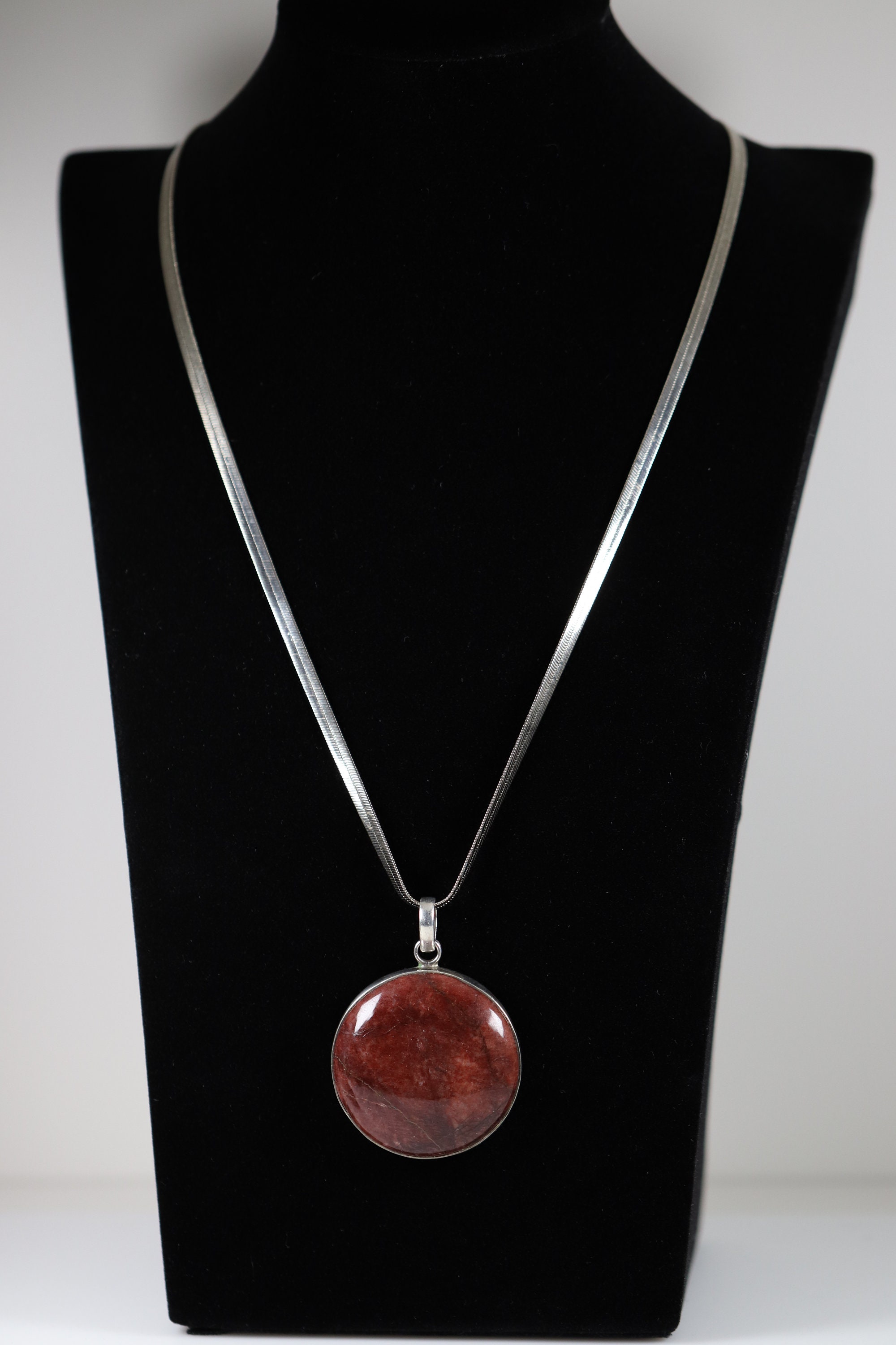 Large Round Red Stone Necklace Pendant Vintage Sterling | Etsy