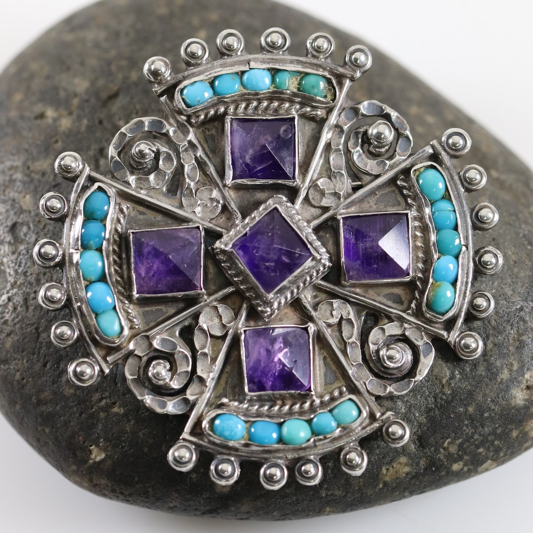 MATL Amethyst Turquoise Coral Brooch | Vintage Sterling Silver | Mexico ...