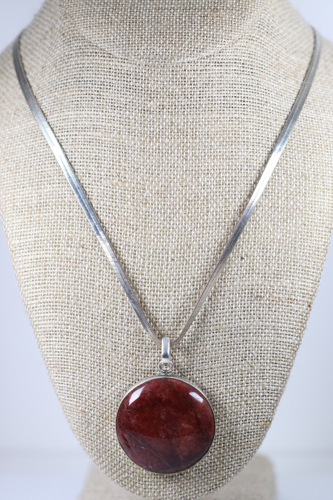 Large Round Red Stone Necklace Pendant | Vintage Sterling Silver | 24 ...