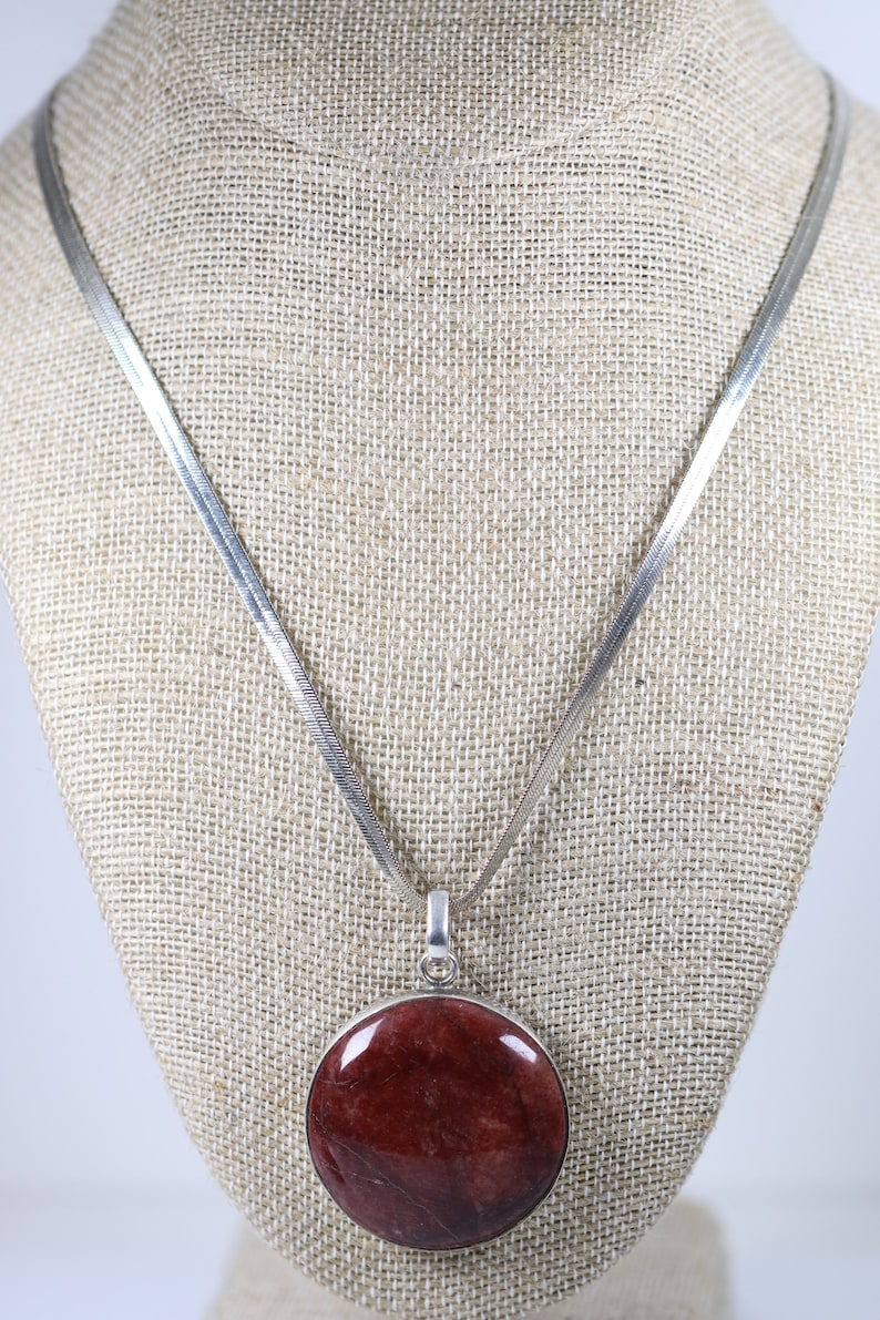 Large Round Red Stone Necklace Pendant Vintage Sterling - Etsy