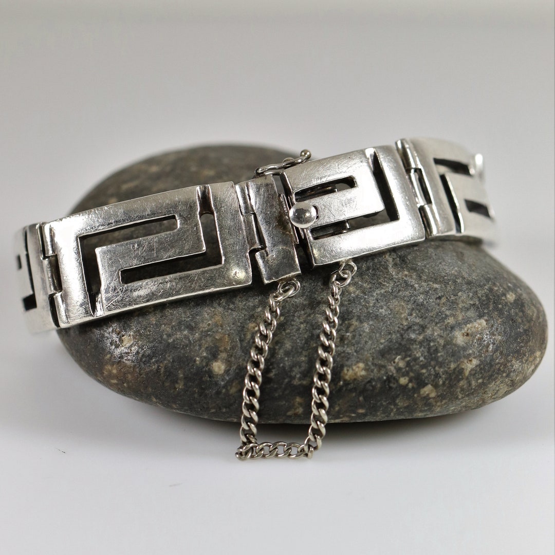 Greek Key Link Panel Bracelet | Vintage Sterling Silver | Large Male or ...