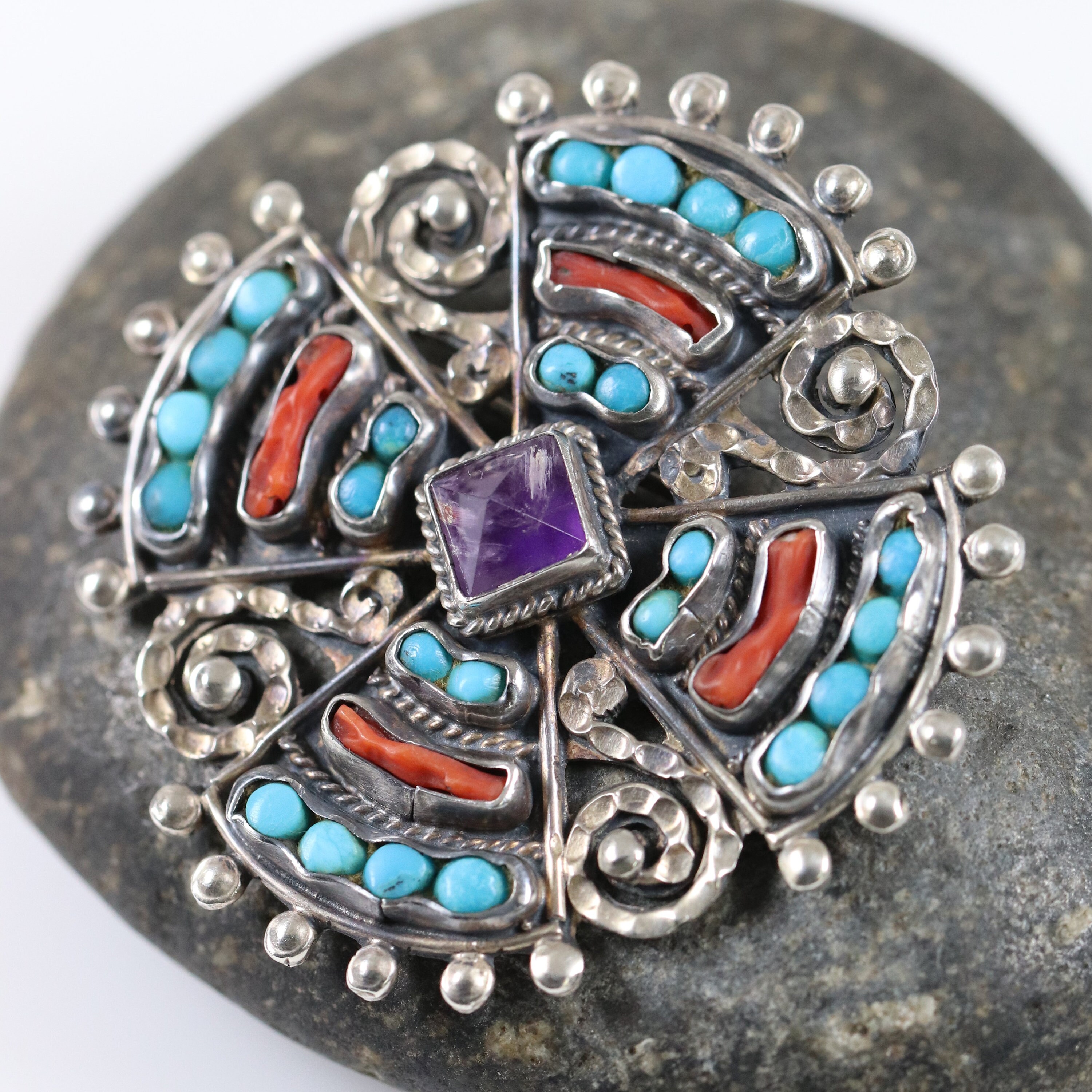 Vintage MATL Sterling Silver Cross Brooch: Amethyst, Coral, Turquoise ...