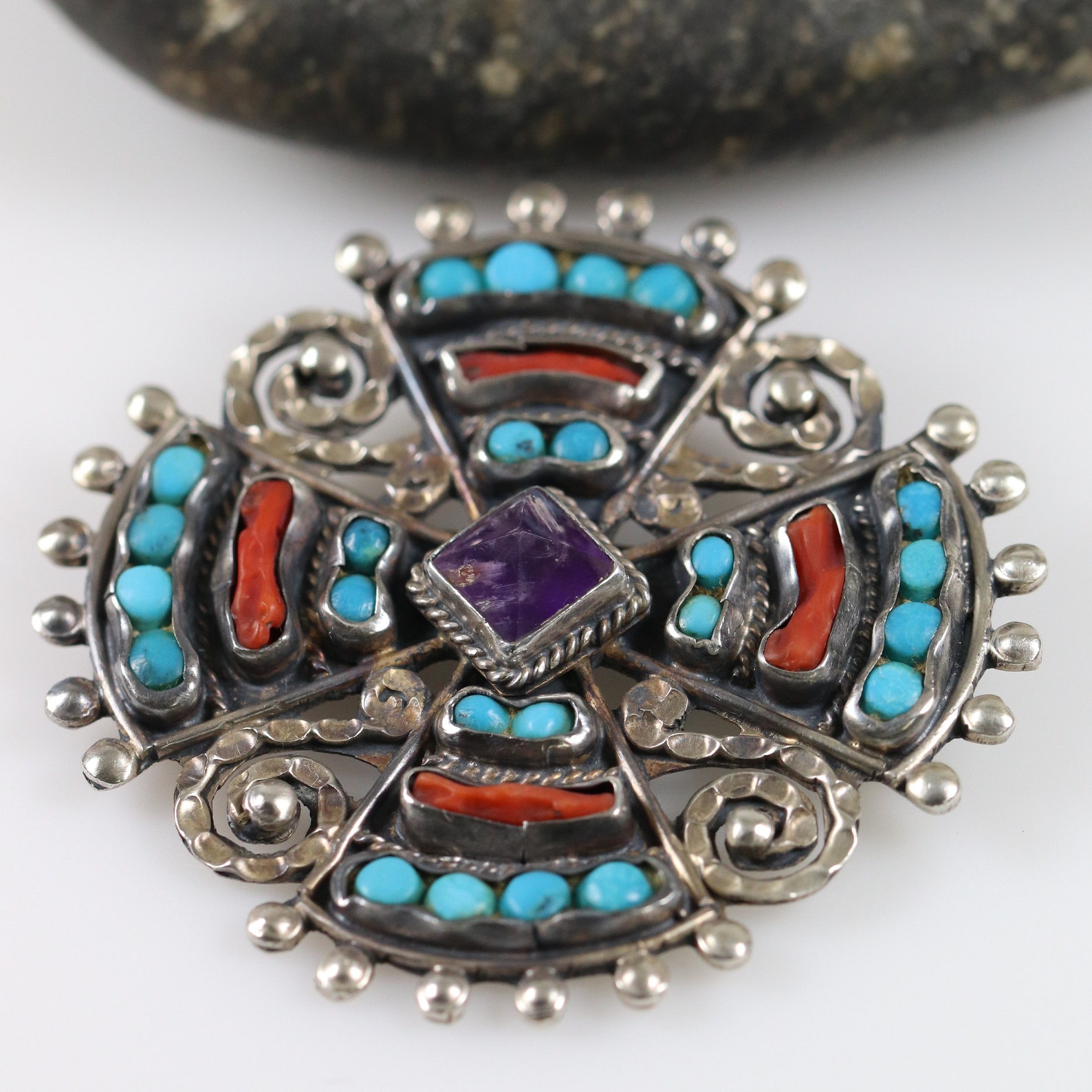 Vintage MATL Sterling Silver Cross Brooch: Amethyst, Coral, Turquoise ...