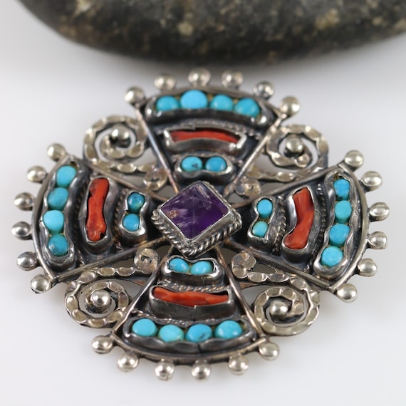 MATL Multi-Gem Cross Brooch | Vintage Sterling Silver… - Gem