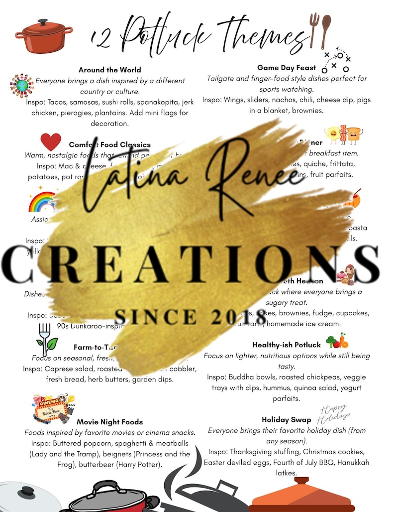 Potluck Theme Ideas Printable – 12 Fun Party Themes & Food Inspiration ...