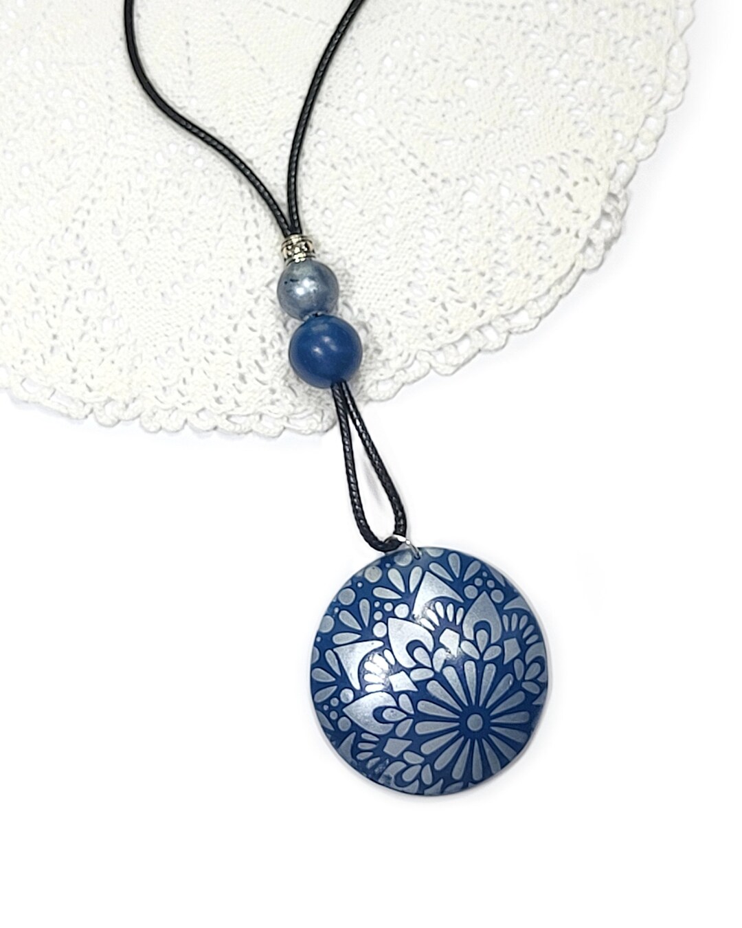 Long Necklace With Round Navy Blue Pendant With Mandala, in Polymer ...