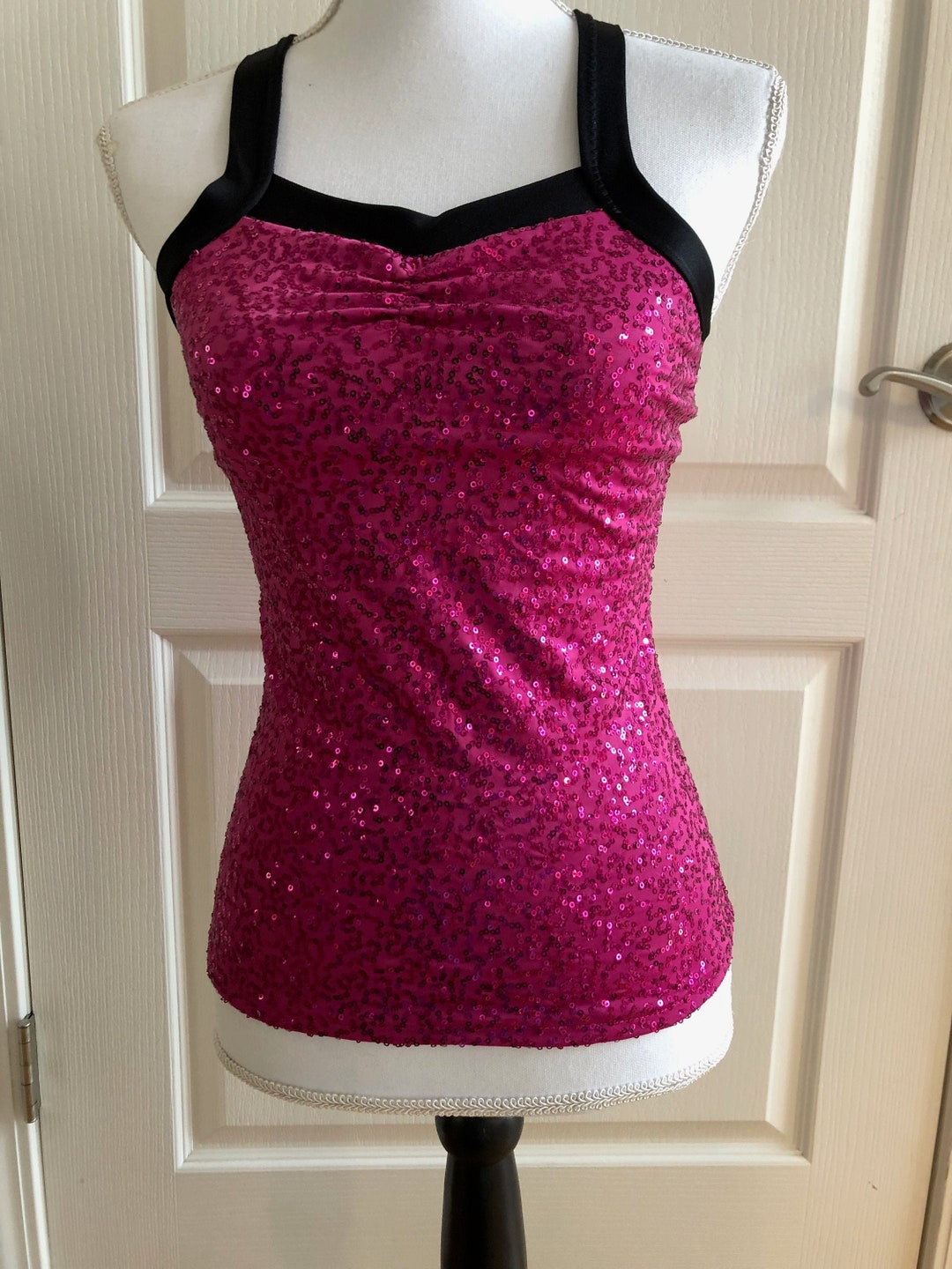 Pink Fushia Womens Dance Top Sequins Stretch Black Trim Criss Cross ...