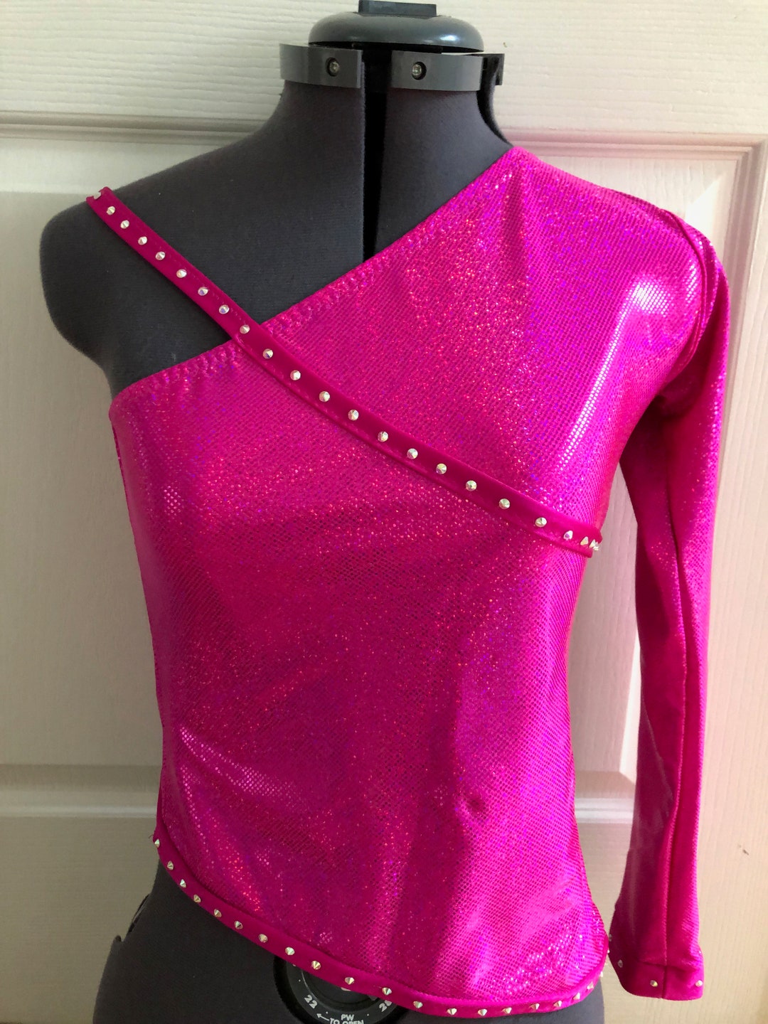 Hot Pink / Fuchsia One Sleeve Dance Top, Women's Xsmall, Rhinestoned ...