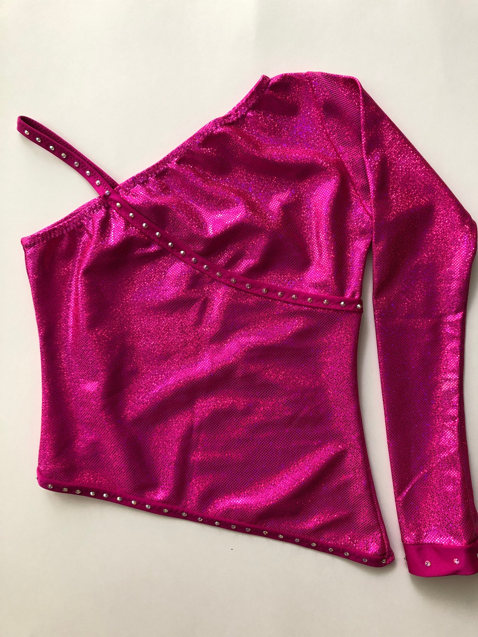 Hot Pink / Fuchsia One Sleeve Dance Top, Women's Xsmall, Rhinestoned ...