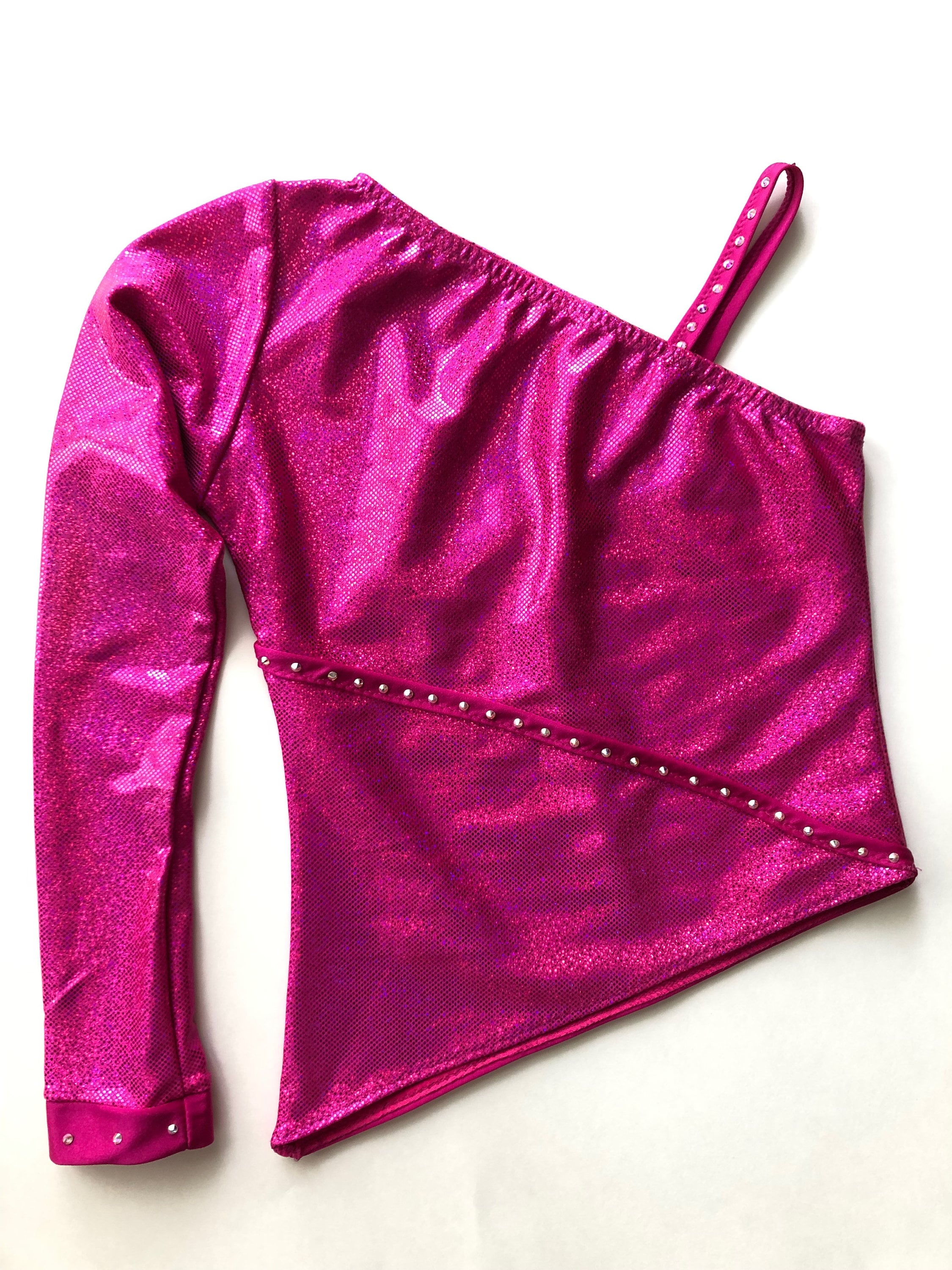 Hot Pink / Fuchsia One Sleeve Dance Top, Women's Xsmall, Rhinestoned ...