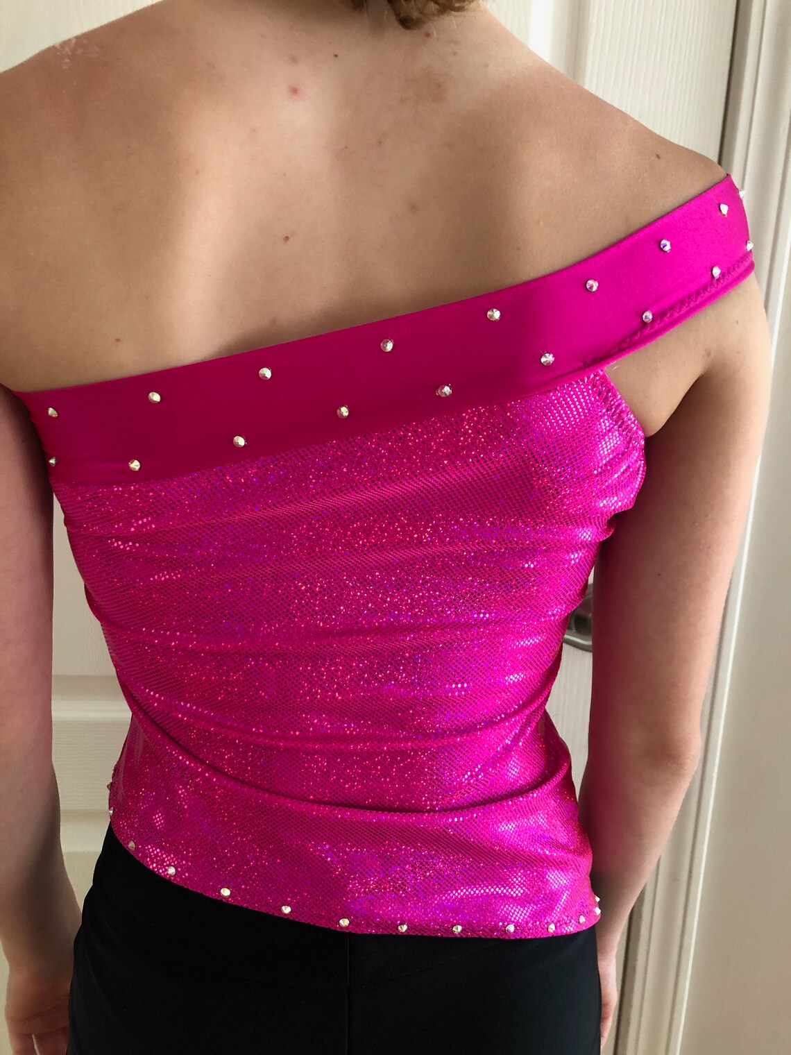 Hot Pink / Fuchsia One Shoulder Dance Top, Women's Small, Rhinestoned ...