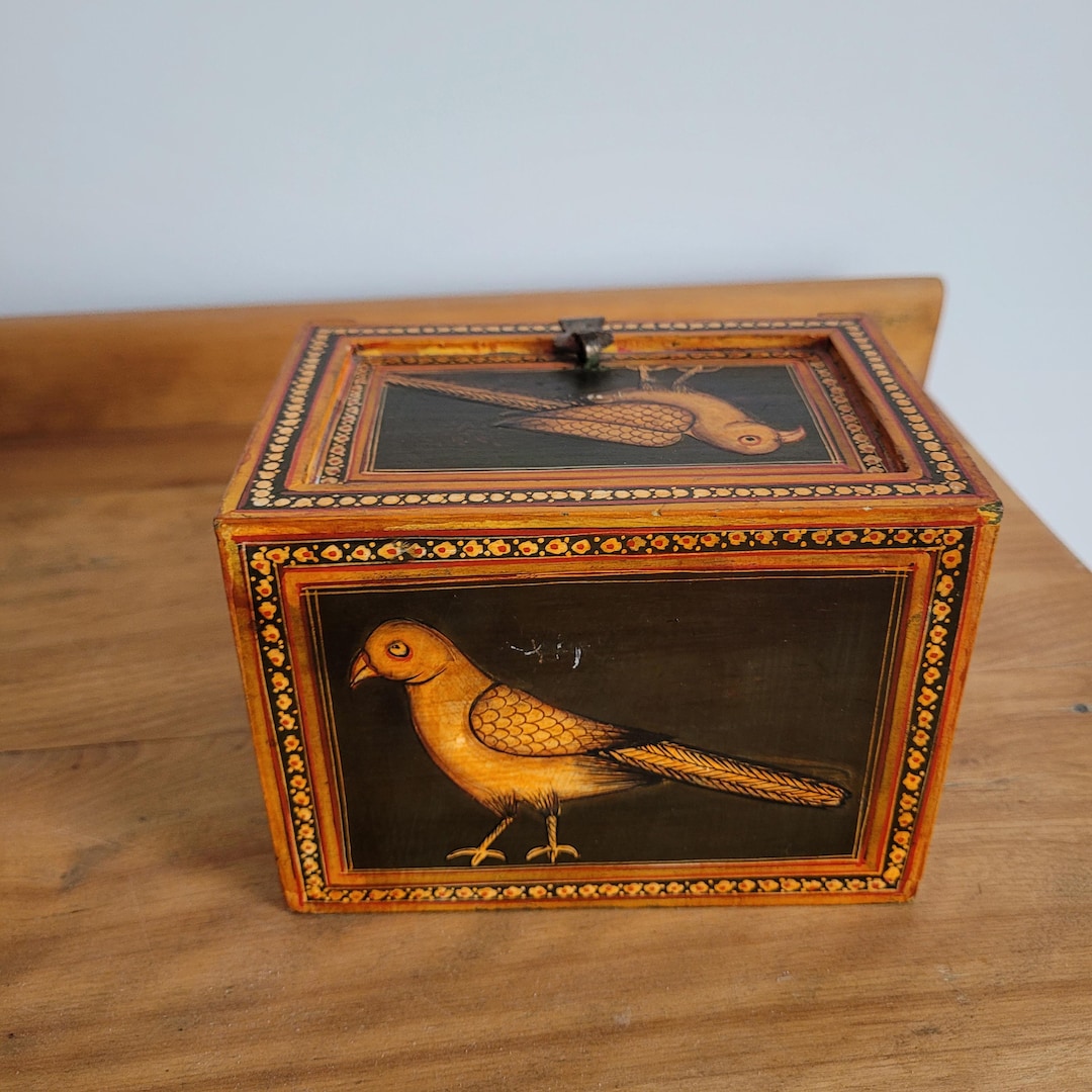 Vintage Small Wooden Hand Painted Decorative Jewelry Box With Birds and ...