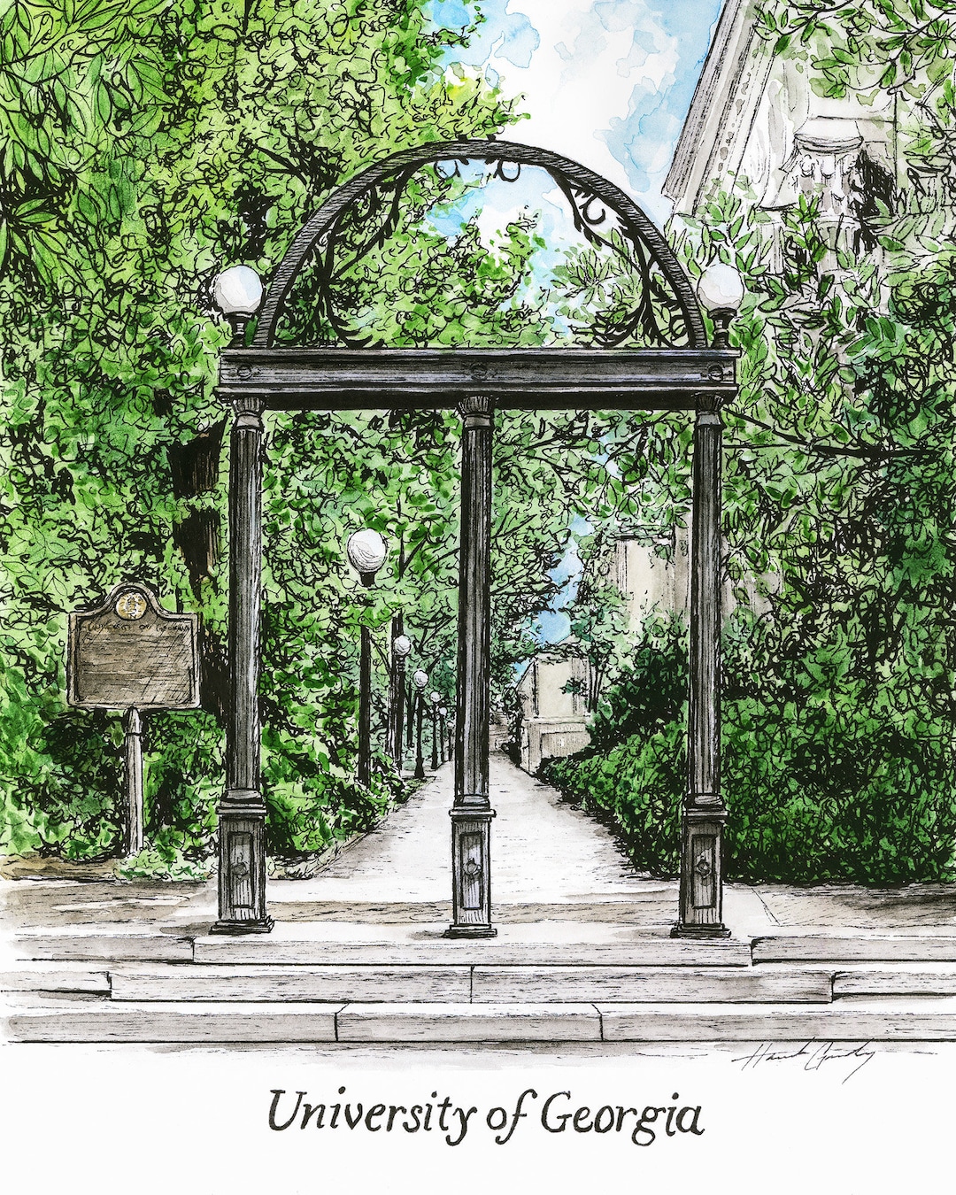 University of Georgia Arch, Athens, Georgia Ink Print on Heavy Fine Art ...