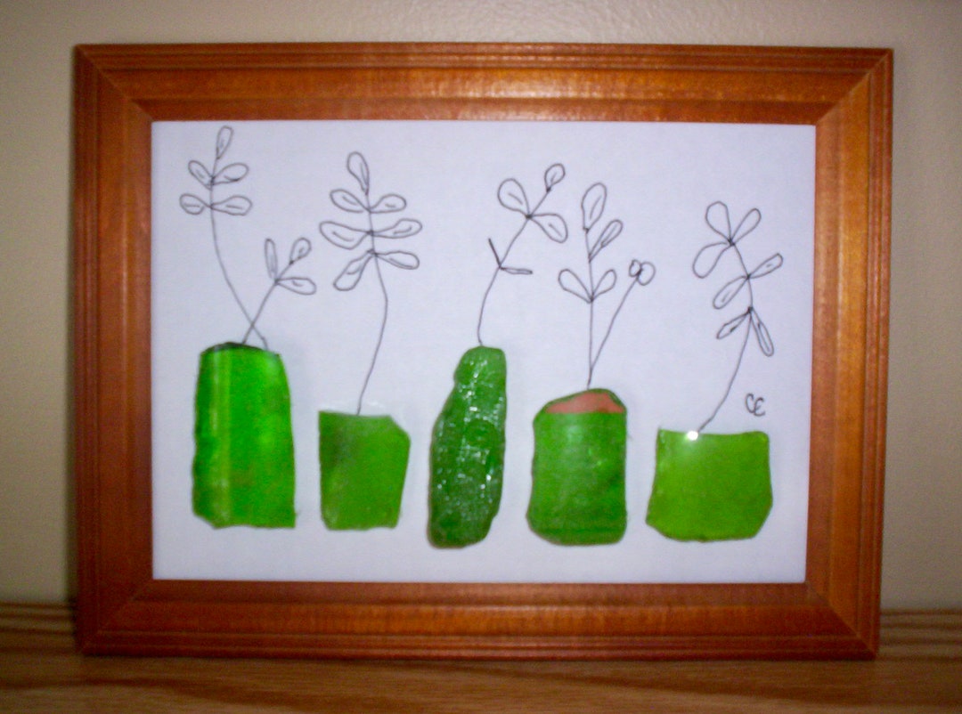 Pebble Art - “five Vases” Line Drawing/ink/broken River Glass/framing ...