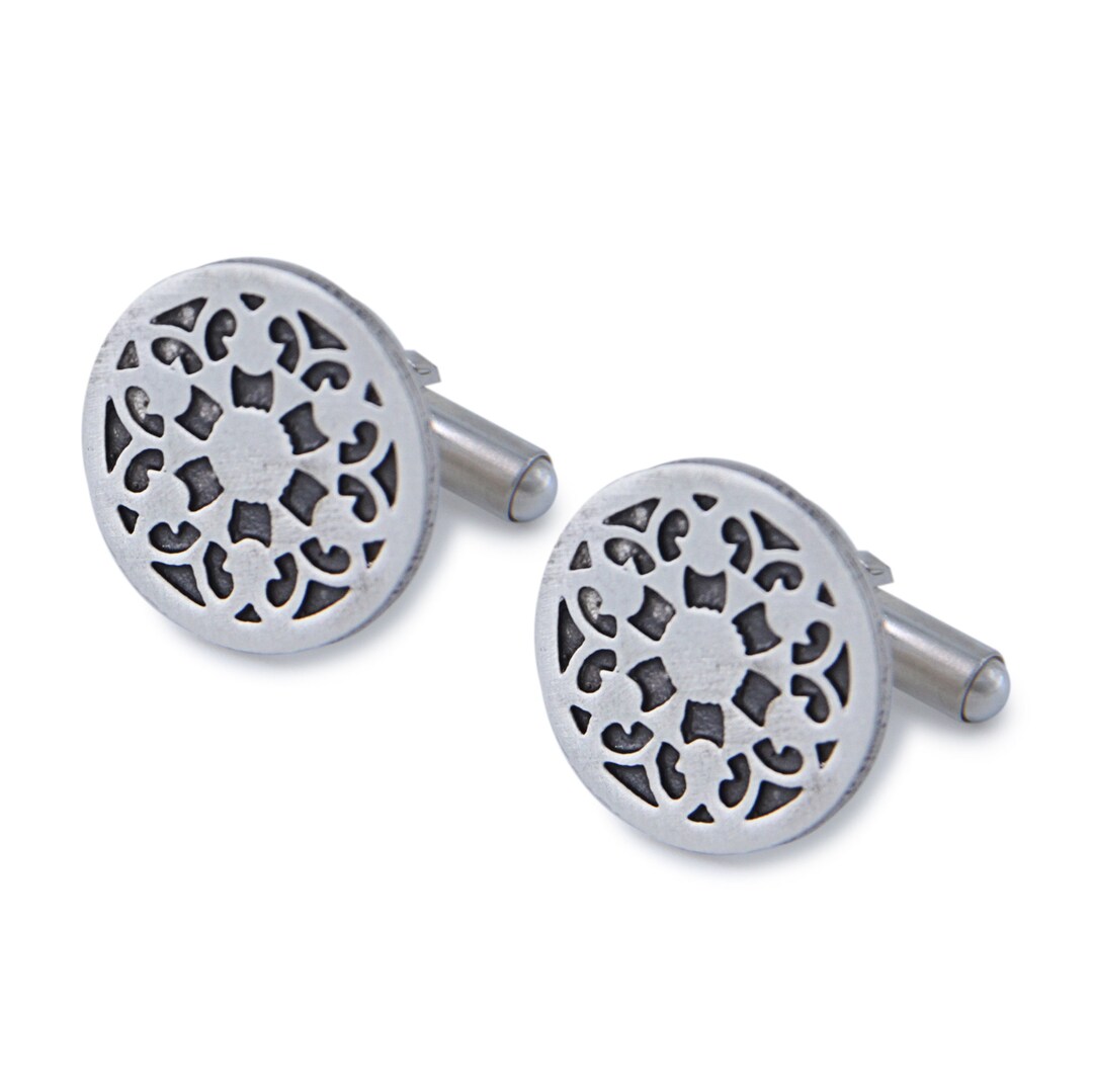 Sterling Silver Round Cufflinks, Persian Pattern Silver Cufflinks, Handmade Artisanal Cufflinks ...