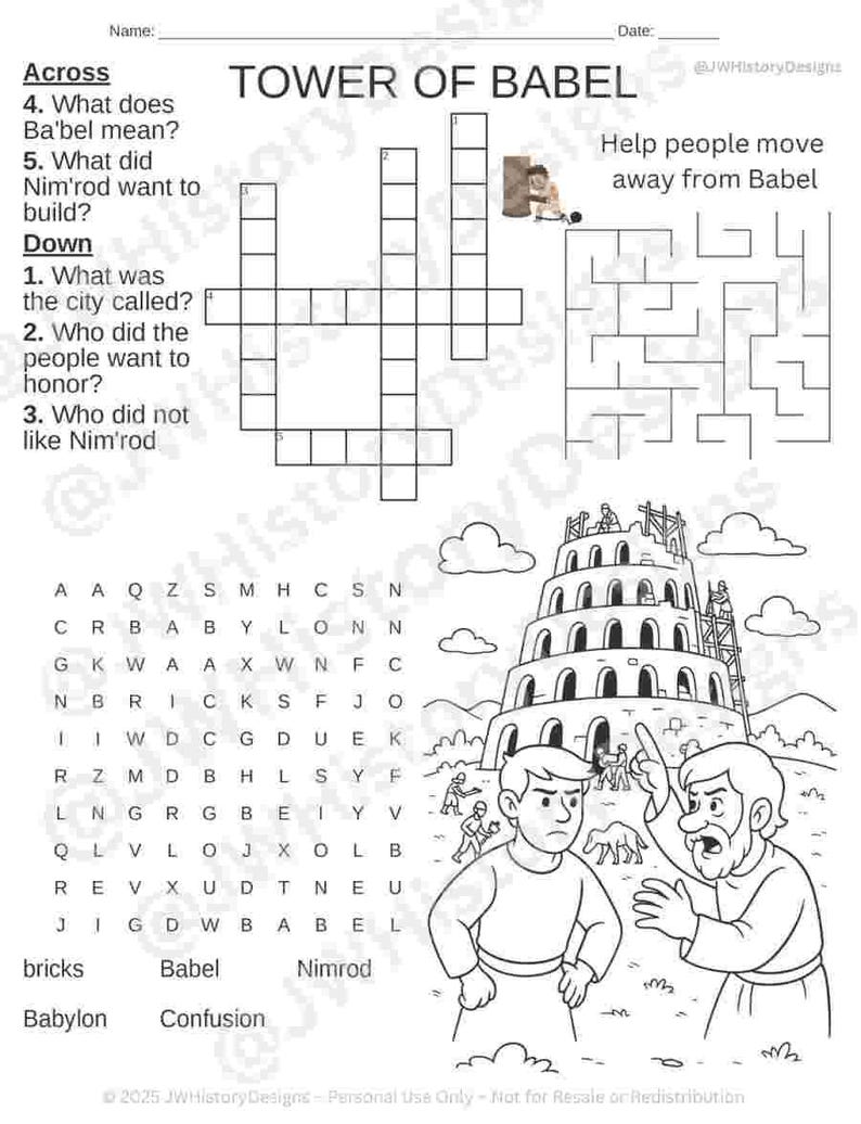 Tower of Babel – JW Kids Printable Worksheet – Bible History of Babylon ...