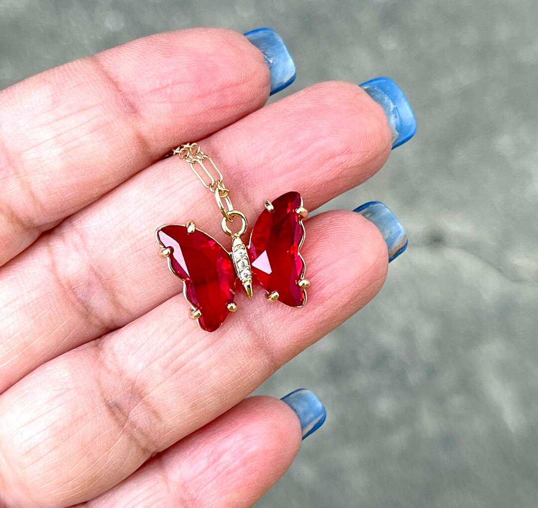 Dainty Butterfly Necklace, Red Crystal Butterfly Necklace, Gold ...