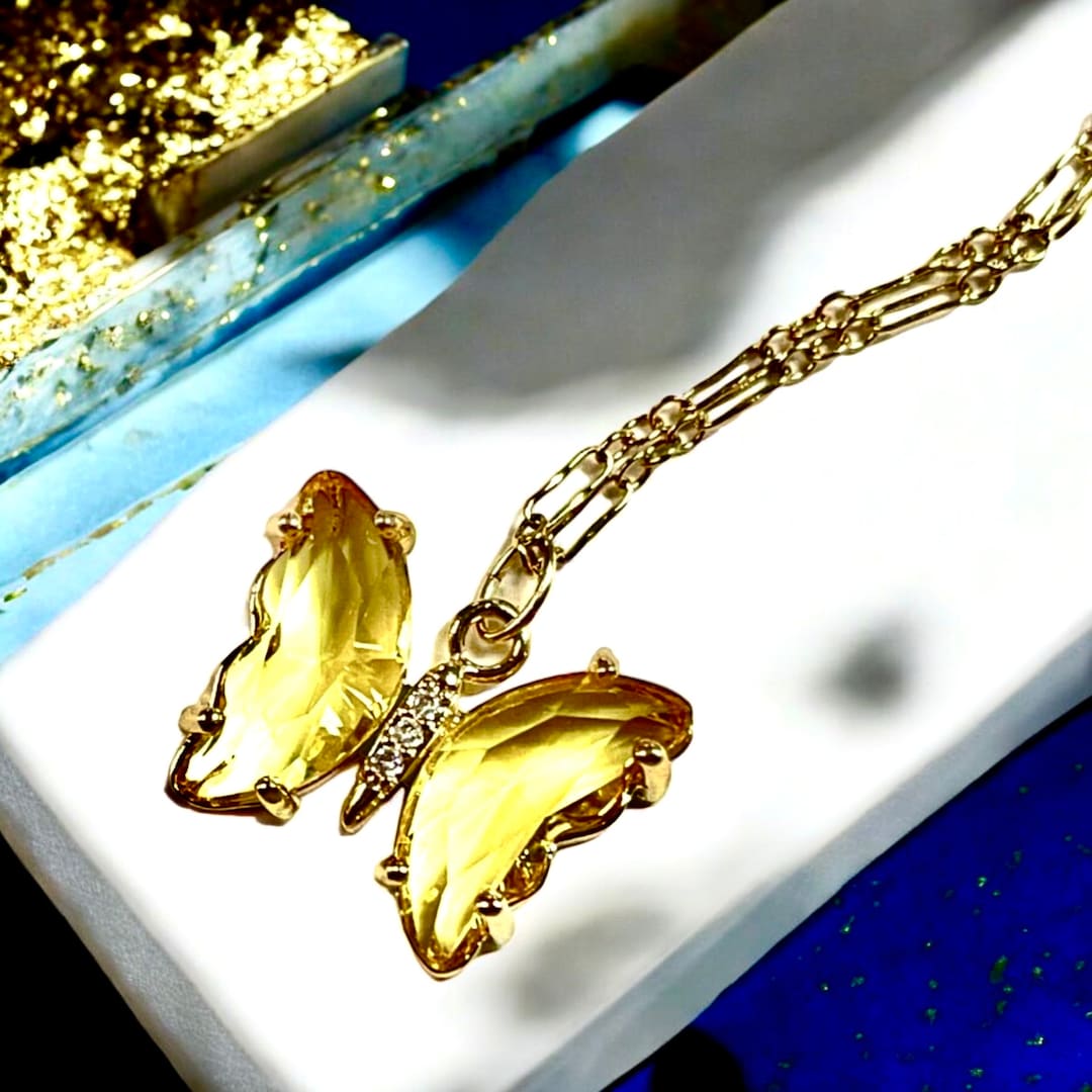 Dainty Butterfly Necklace• Yellow Crystal Butterfly Necklace ...