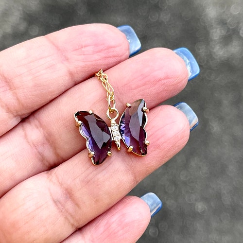 18K Gold Plated Purple Crystal Butterfly Necklace - Etsy
