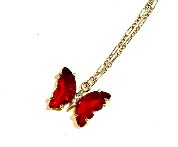 Dainty Butterfly Necklace Red Crystal Butterfly Necklace - Etsy