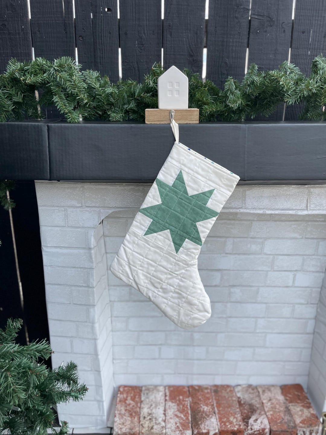 Green and White Quilted Star Stocking | Green and White Star Fableism Stocking | Modern Quilted ...