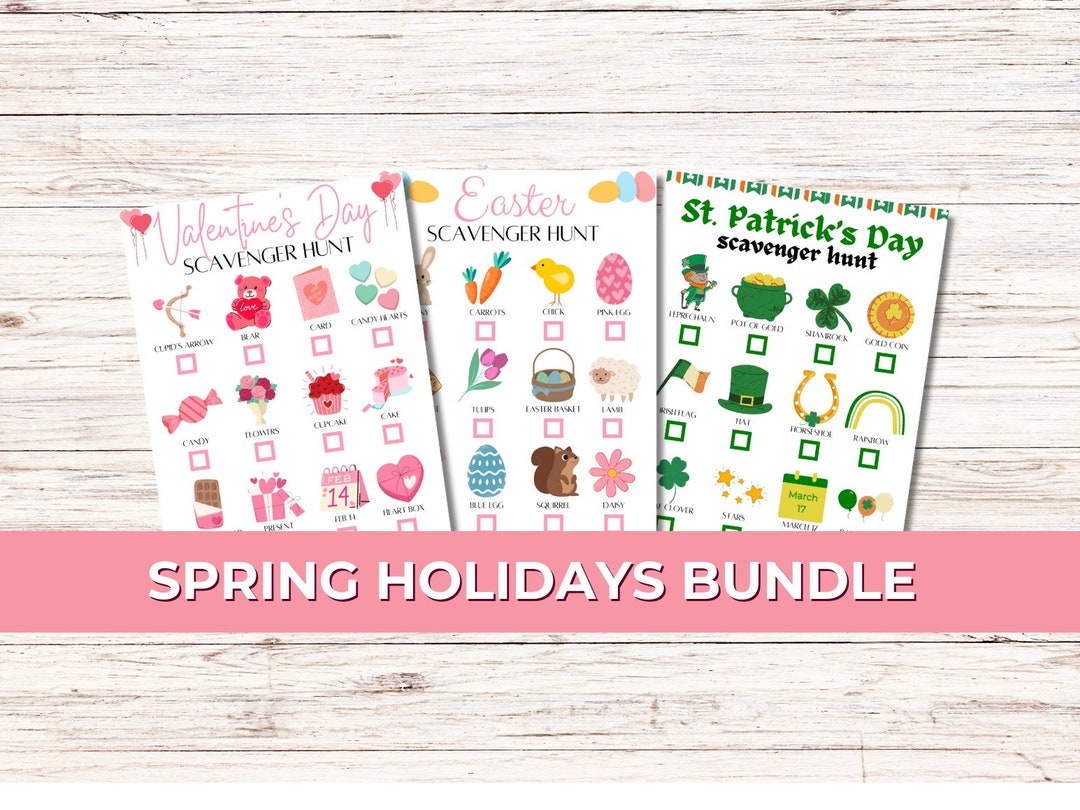 Spring Holidays Scavenger Hunt Printable Bundle for Kids, Valentines ...