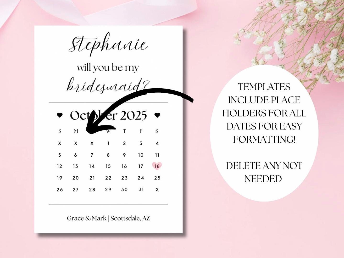 Bridesmaid Proposal Calendar Card, Save the Date, Printable Bridesmaid ...
