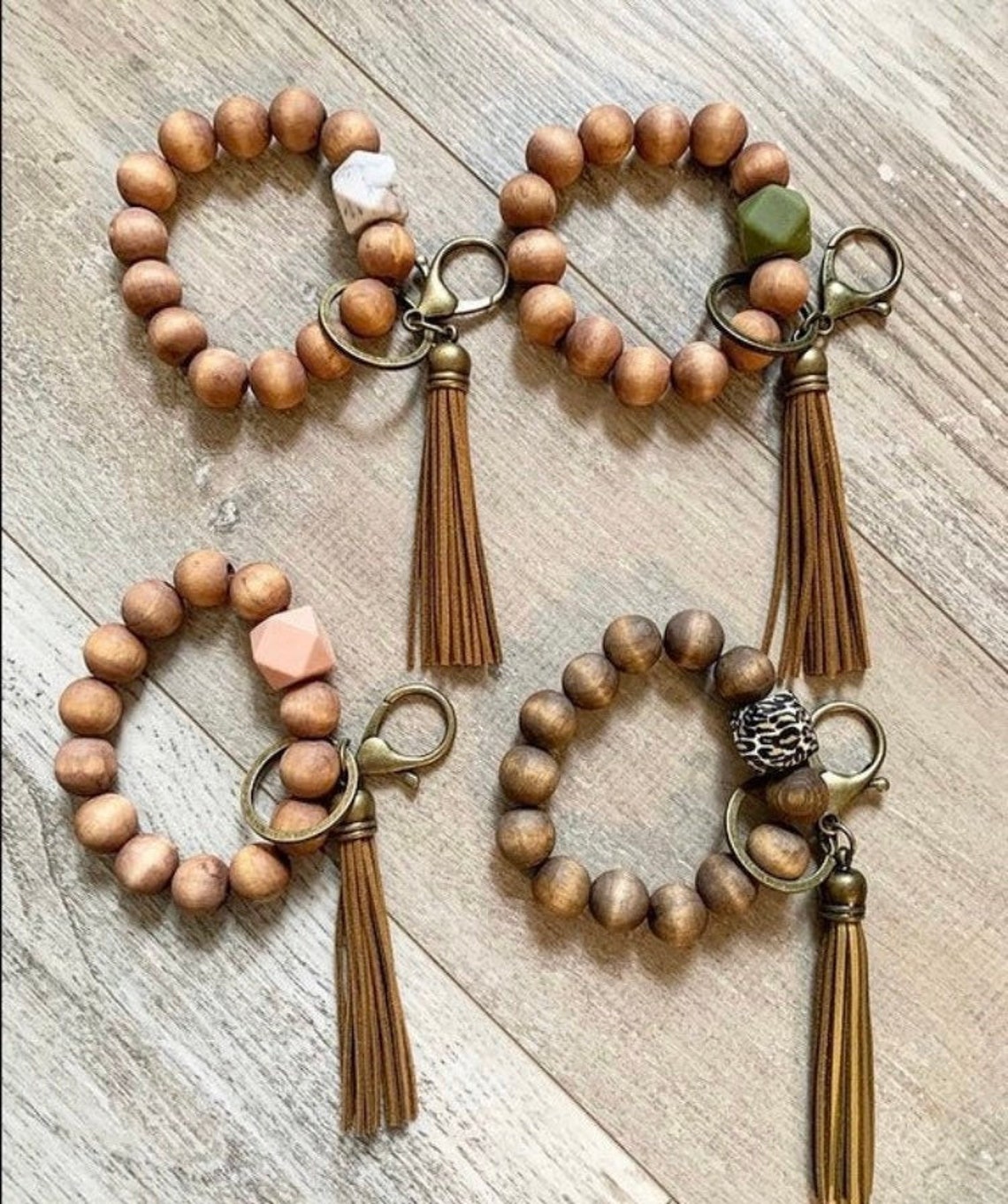 Wooden Wristlet Keychain silicone and wood beads leopard bead | Etsy