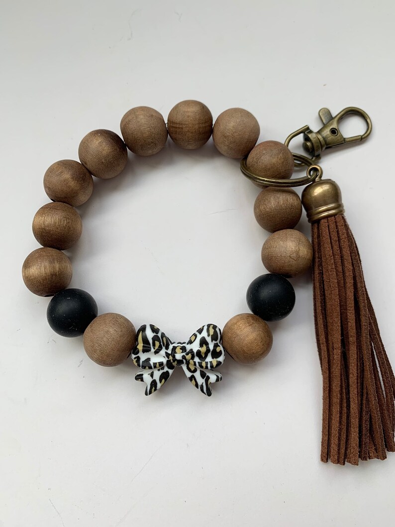Wristlet Keychainbeaded Boho Keychainleopard Beadbow - Etsy