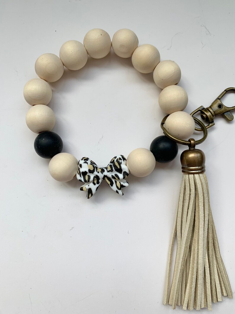 Wristlet Keychainbeaded Boho Keychainleopard Beadbow - Etsy