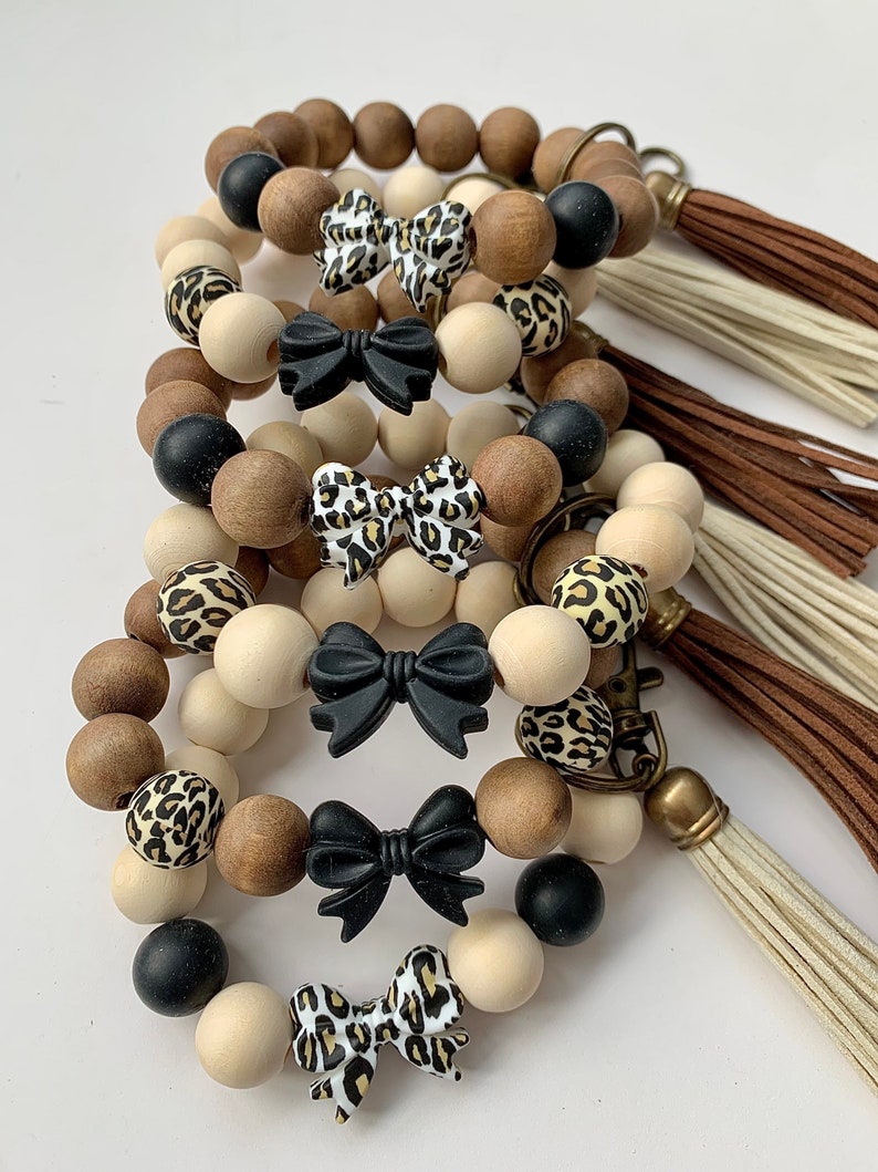 Wristlet Keychainbeaded Boho Keychainleopard Beadbow - Etsy