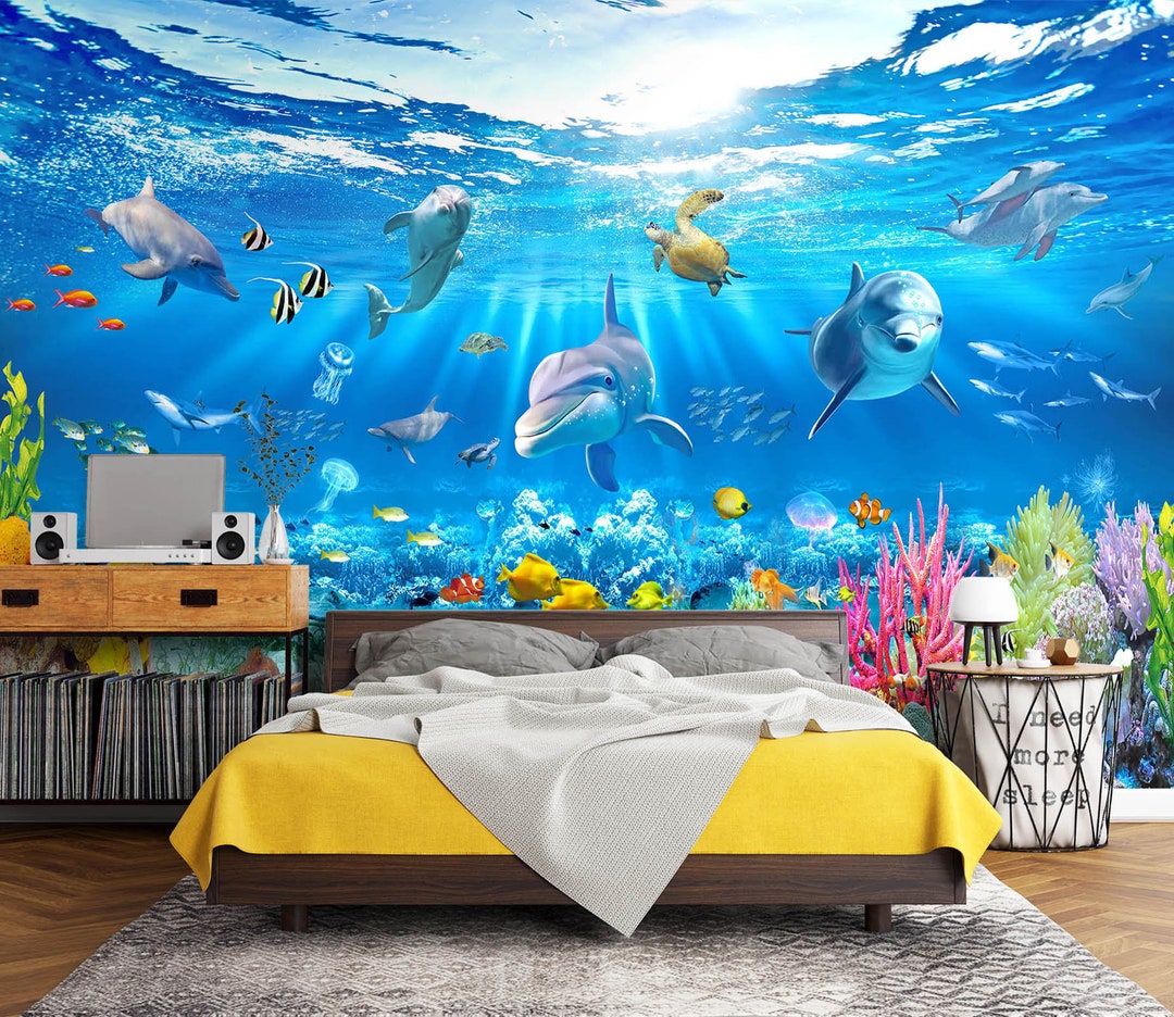 3D Animal Dolphin L1103 Removable Wallpaper Self Adhesive Wallpaper ...