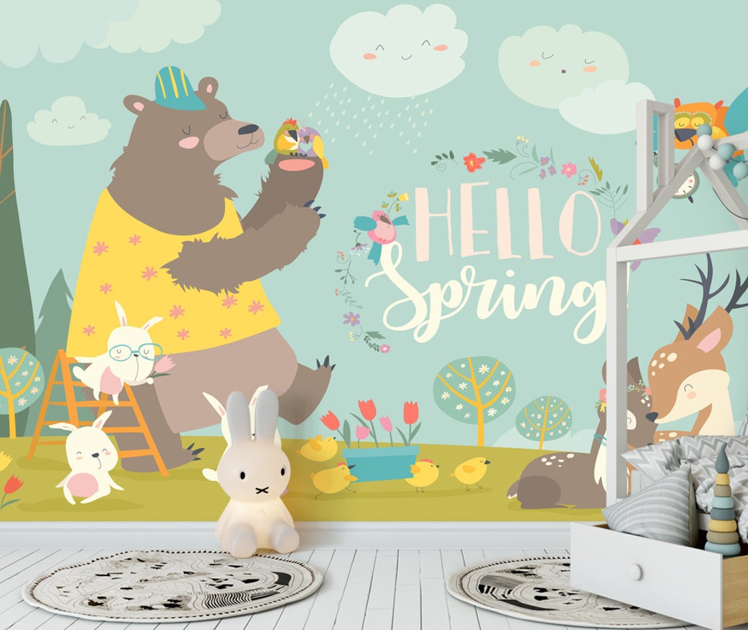 3D Bear Hello Spring A1683 Removable Wallpaper Self Adhesive Wallpaper ...