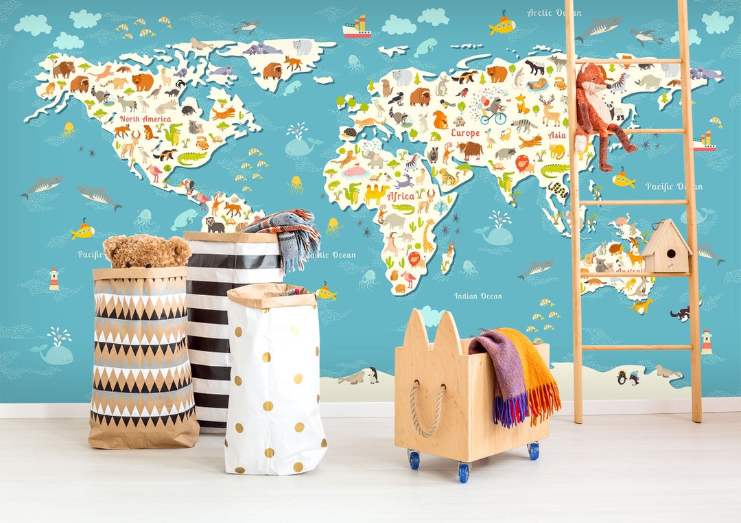 3D Cartoon World Map L32 Removable Wallpaper Self Adhesive Wallpaper ...
